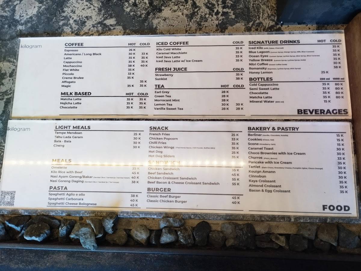 Menu at Kilogram cafe, Bandung