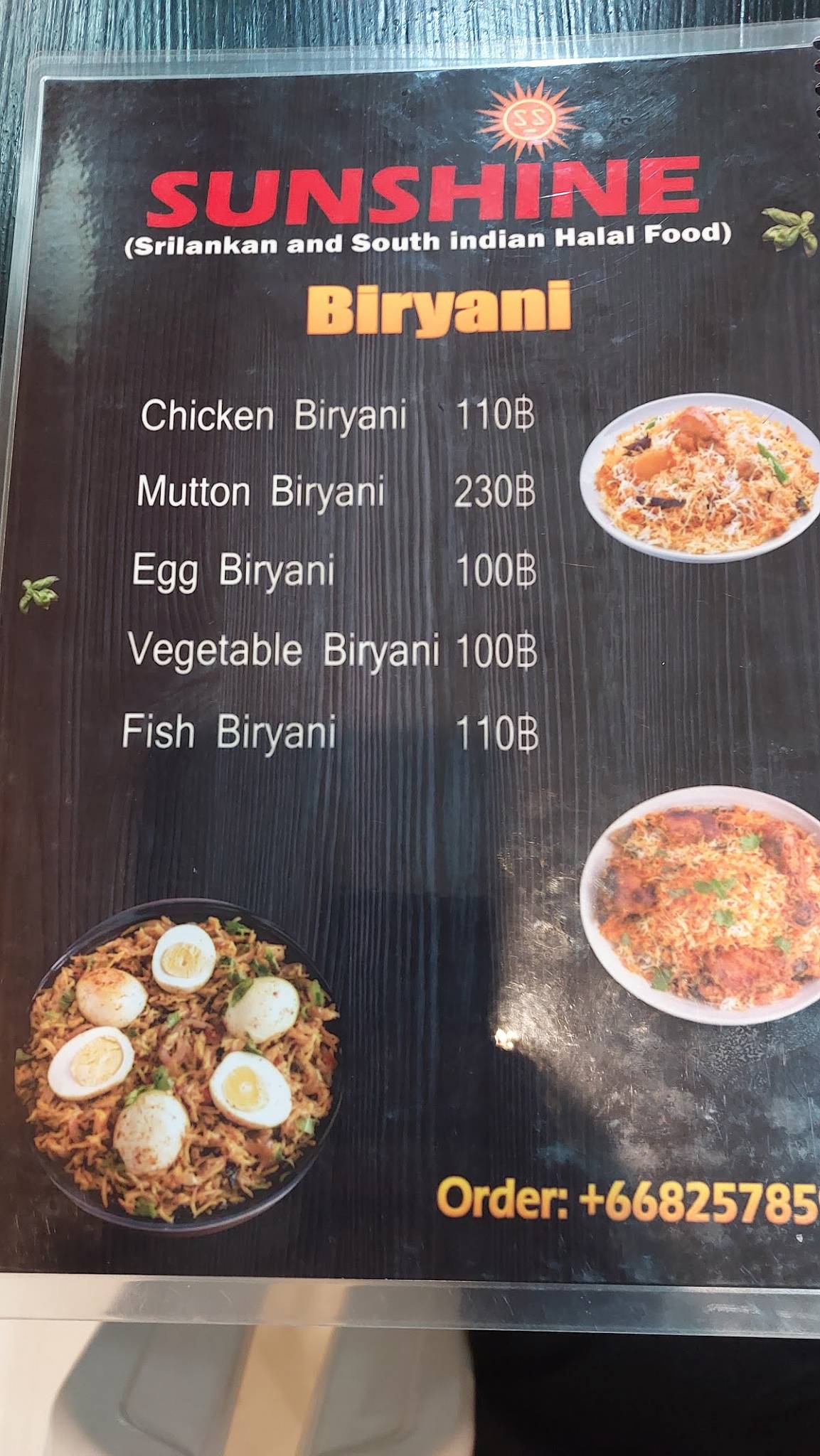 Menu at Sunshine (Srilankan and South indian Halal Food) restaurant, Bangkok