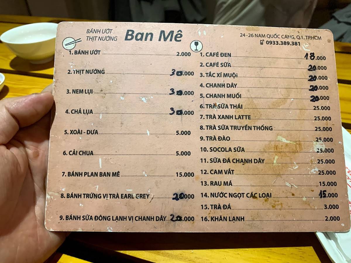 Menu at Bánh ướt - thịt nướng Ban Mê restaurant, Ho Chi Minh City