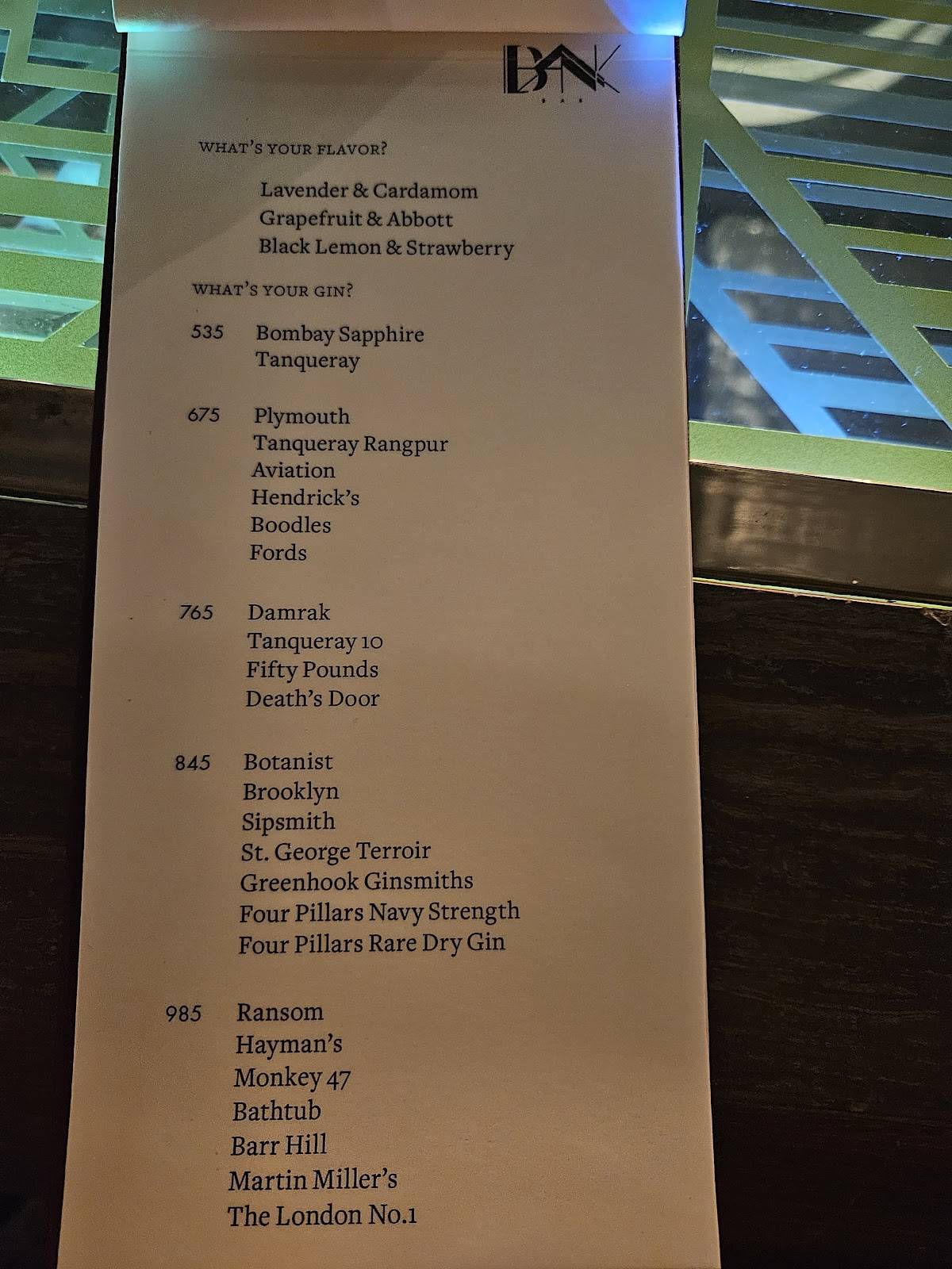 Menu at Bank Bar, Taguig