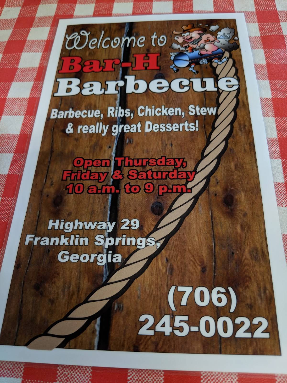 Menu at Bar H Barbecue, Franklin Springs