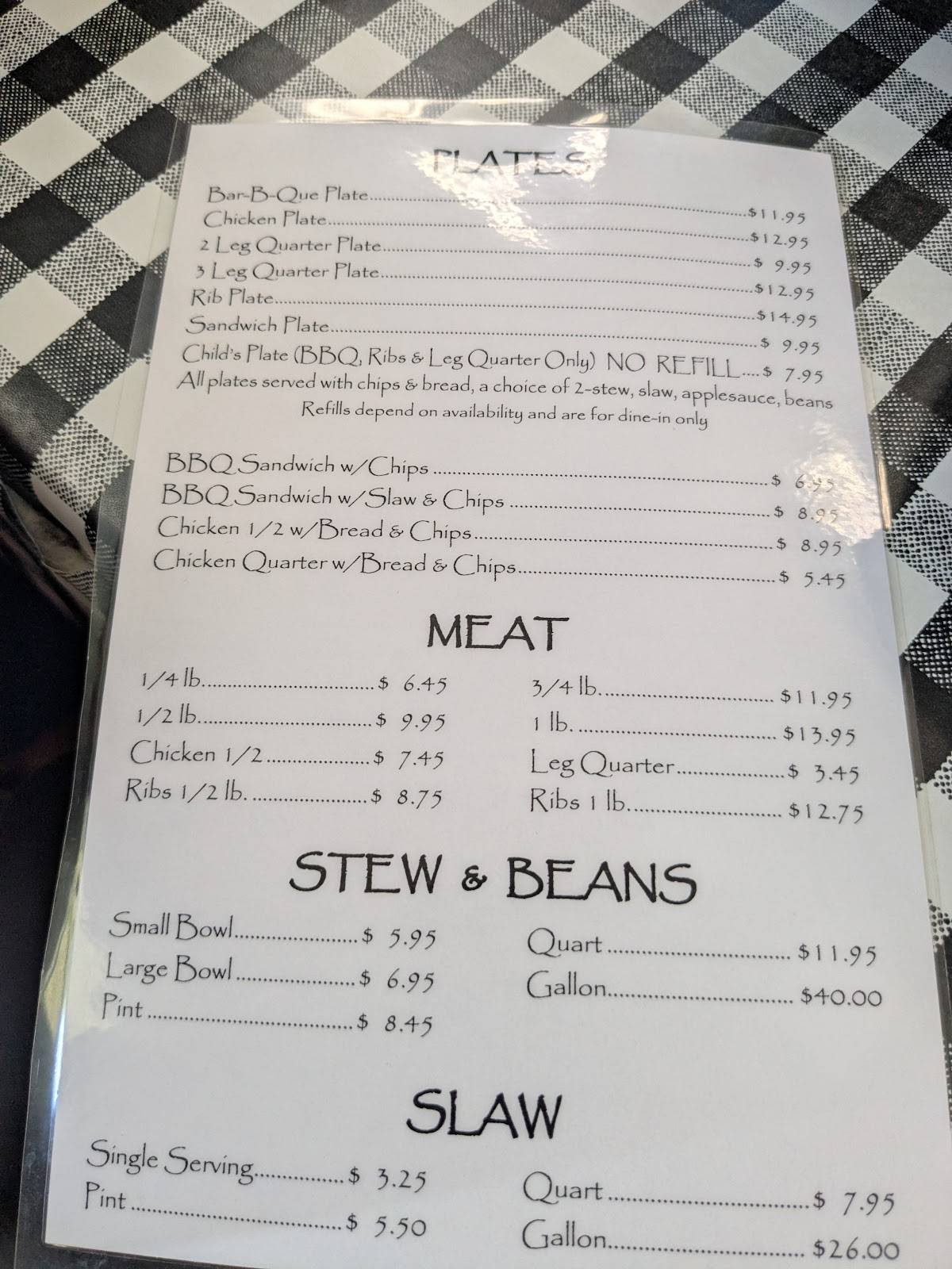 Menu at Bar H Barbecue, Franklin Springs