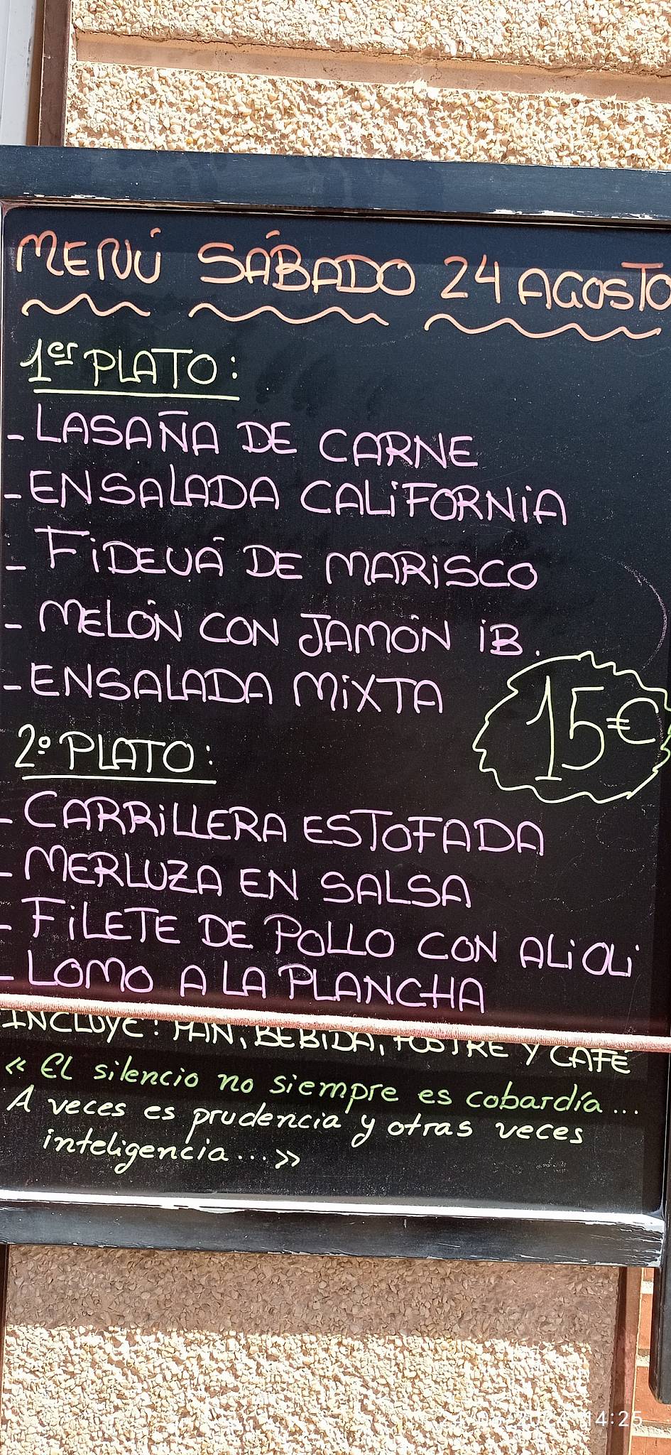 Carta de Bar Nuevo Arenas, Palencia