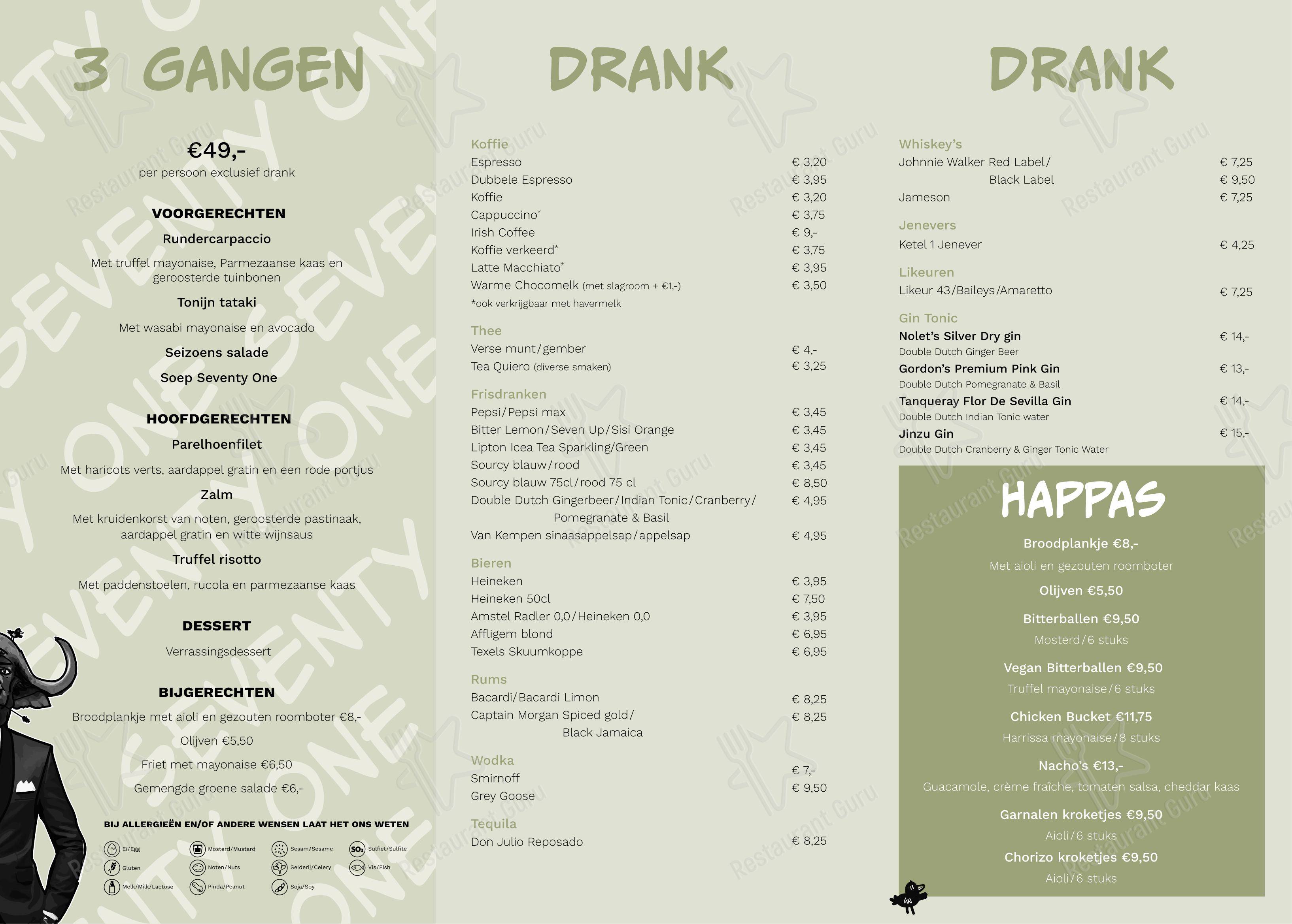 Menu at Bar Restaurant Seventy One, Rotterdam