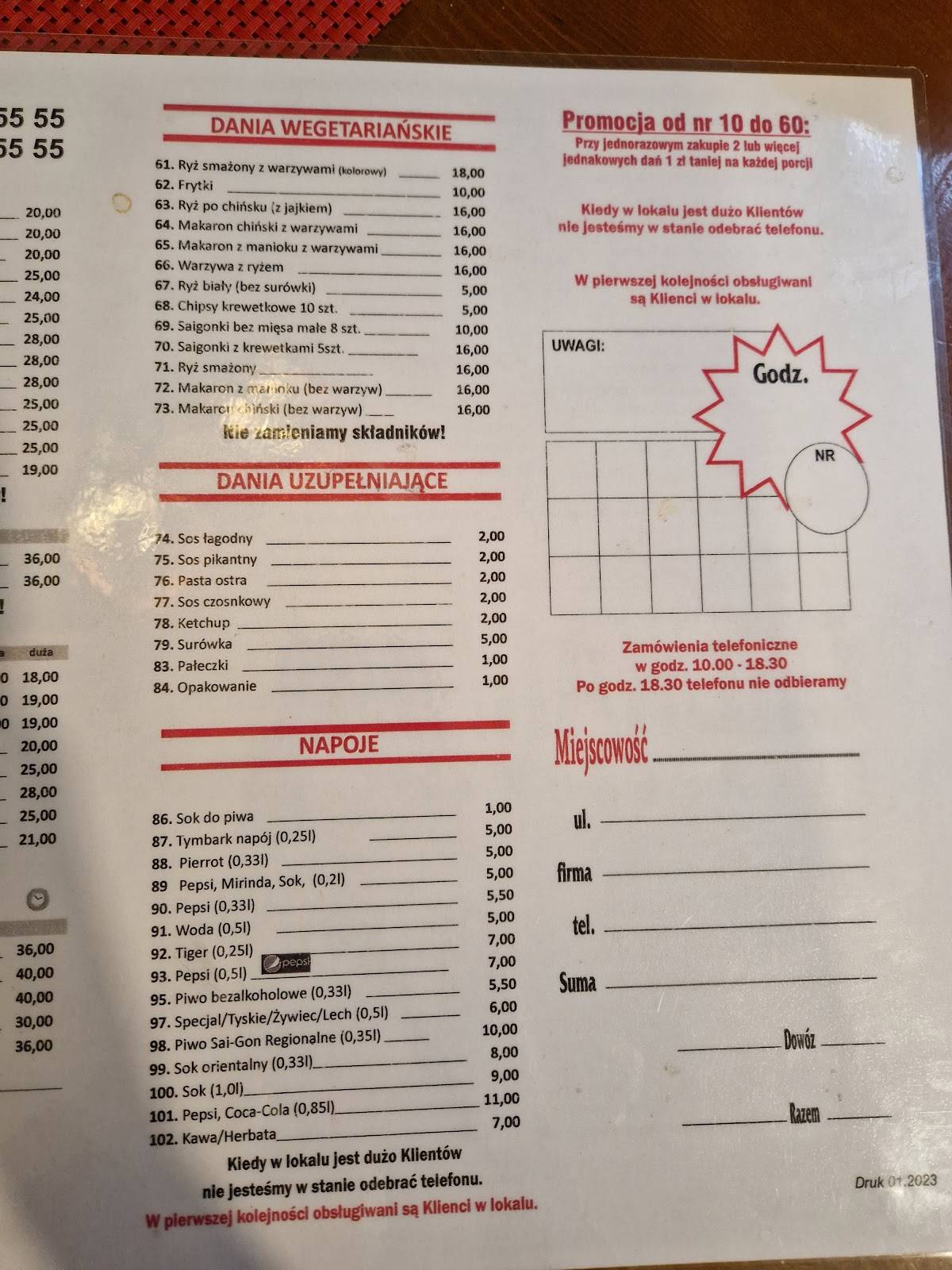 Menu at Bar SAI-GON, Tczew