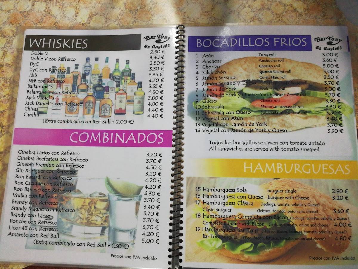 Menu at Bar Toni, Es Castell