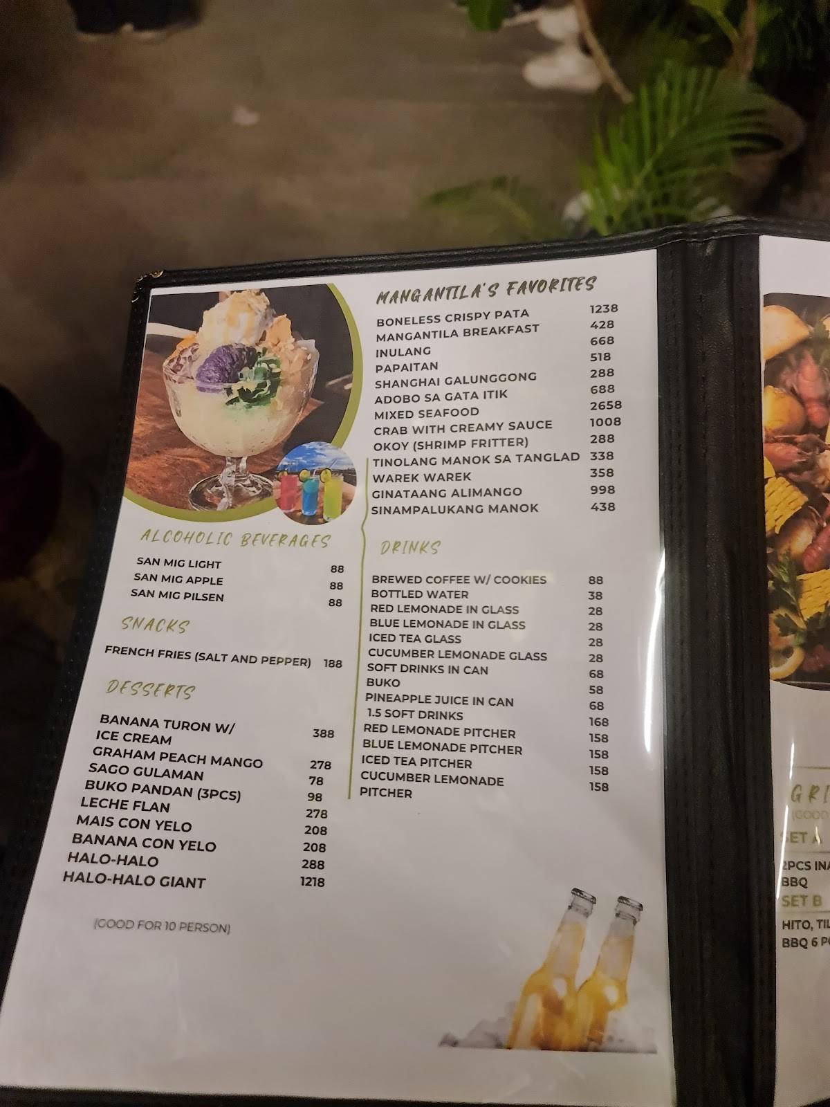 Menu at Mangantila Café restaurant, Baras