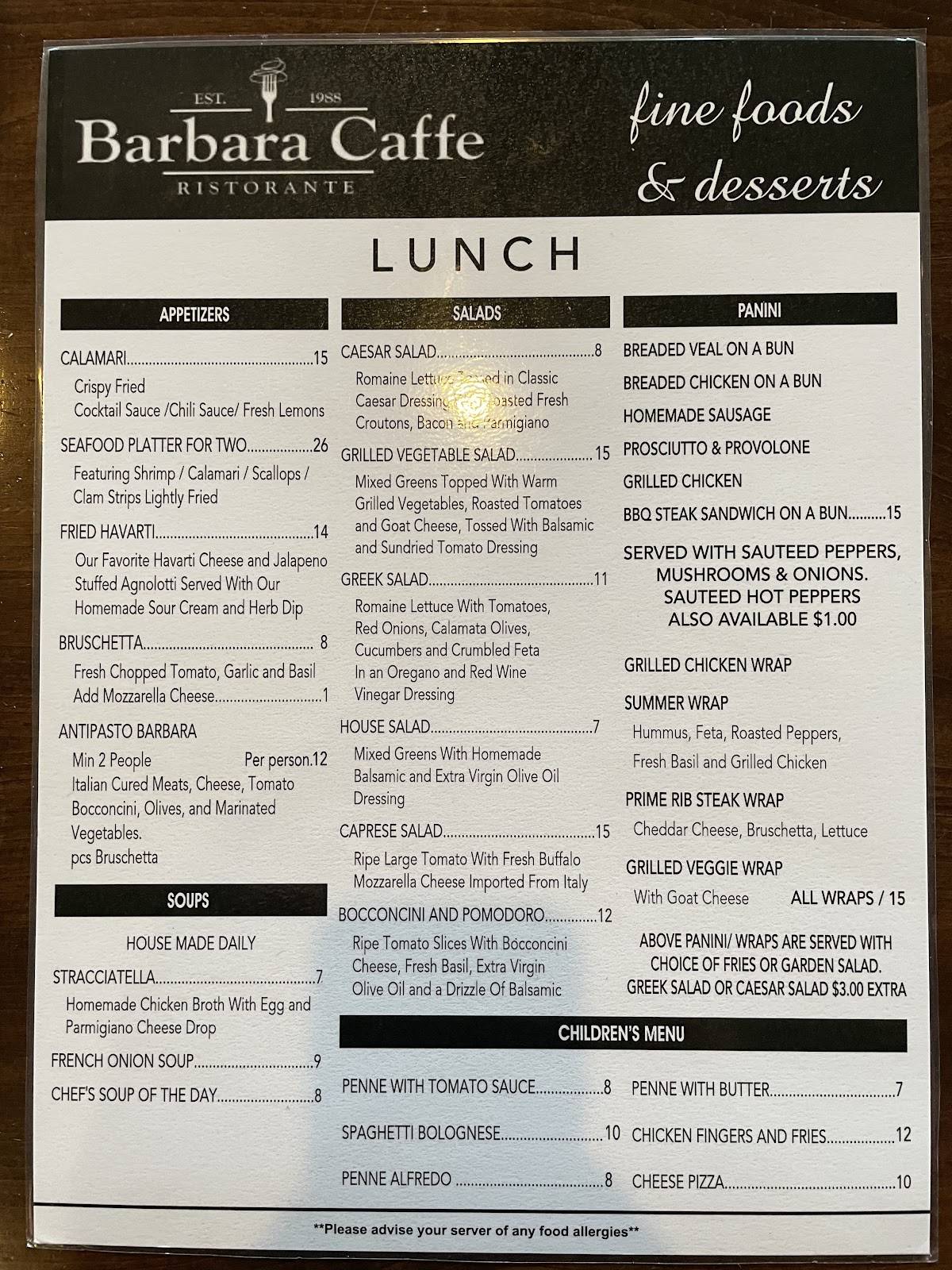 Menu at Barbara Caffe, Hamilton