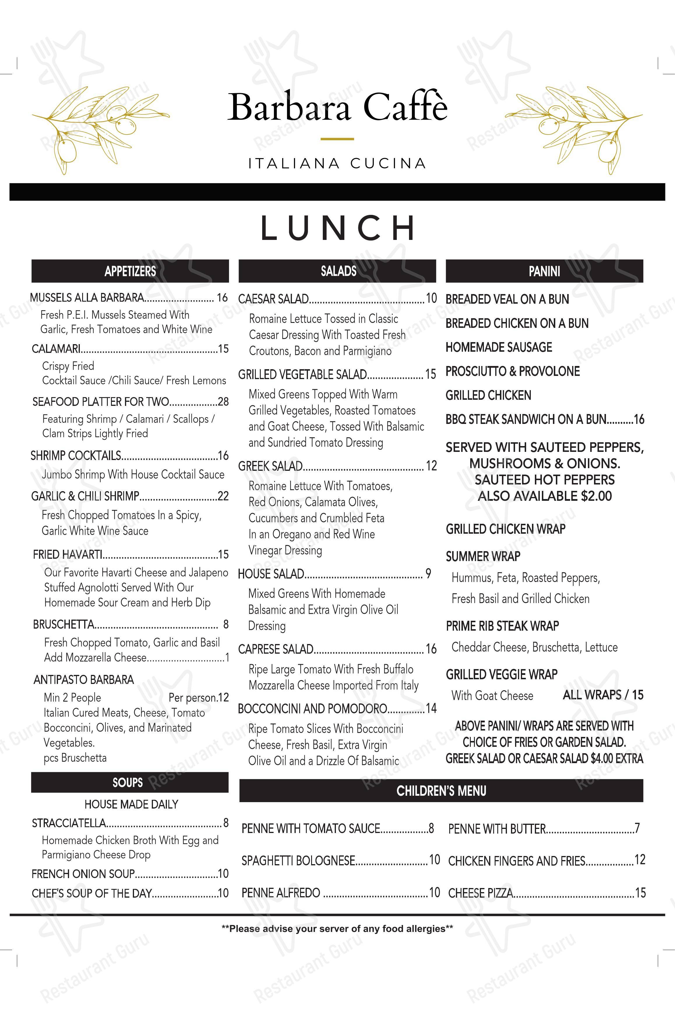 Menu at Barbara Caffe, Hamilton