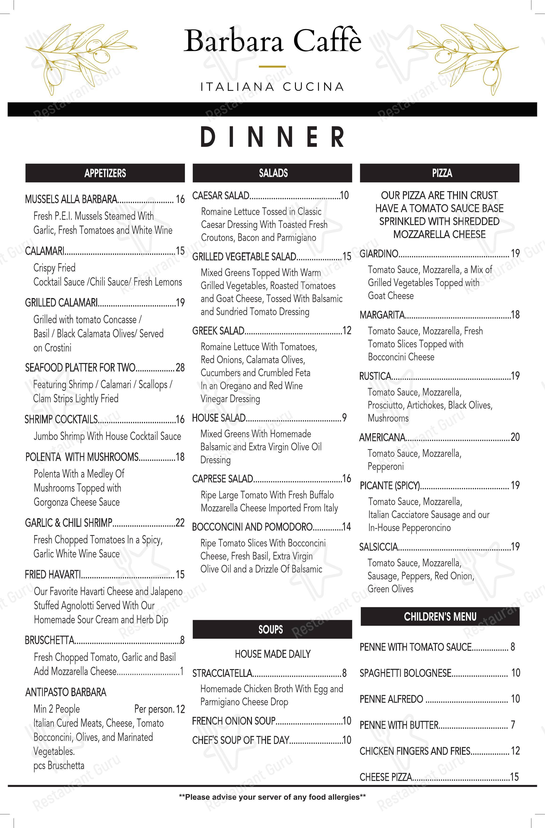 Menu at Barbara Caffe, Hamilton