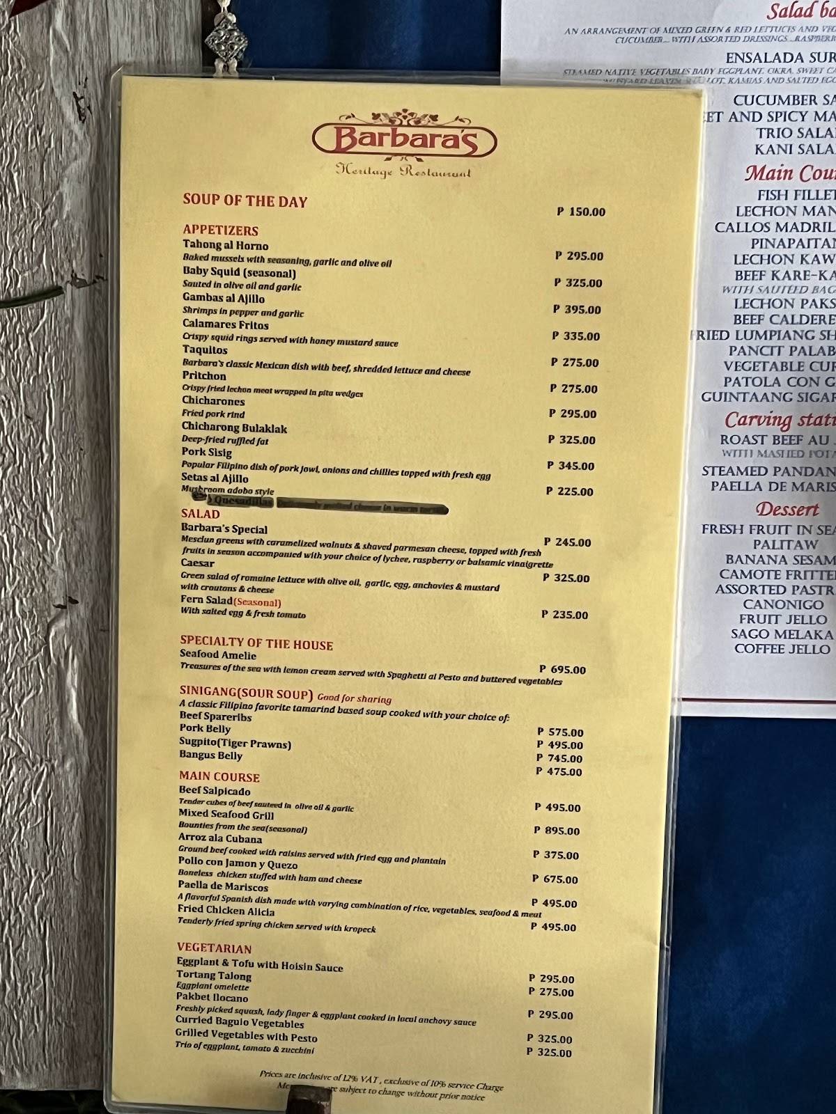 Menu at Barbara's Heritage Restaurant, Manila, Plaza San Luis Complex