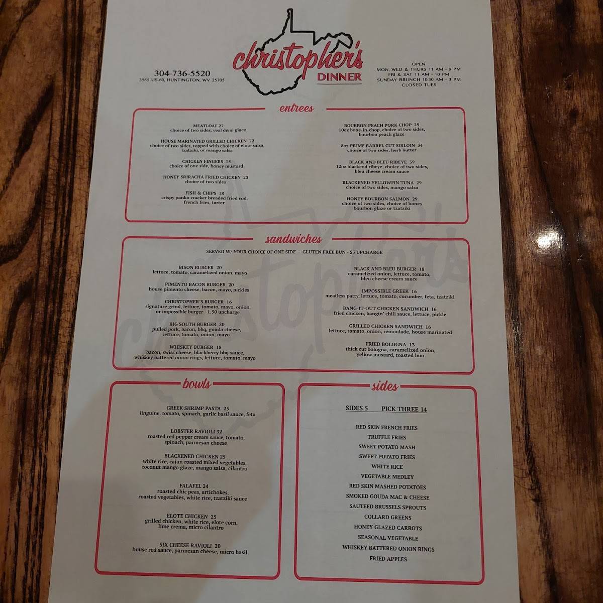 Menu at Christopher's Eats pub & bar, Huntington, US-60