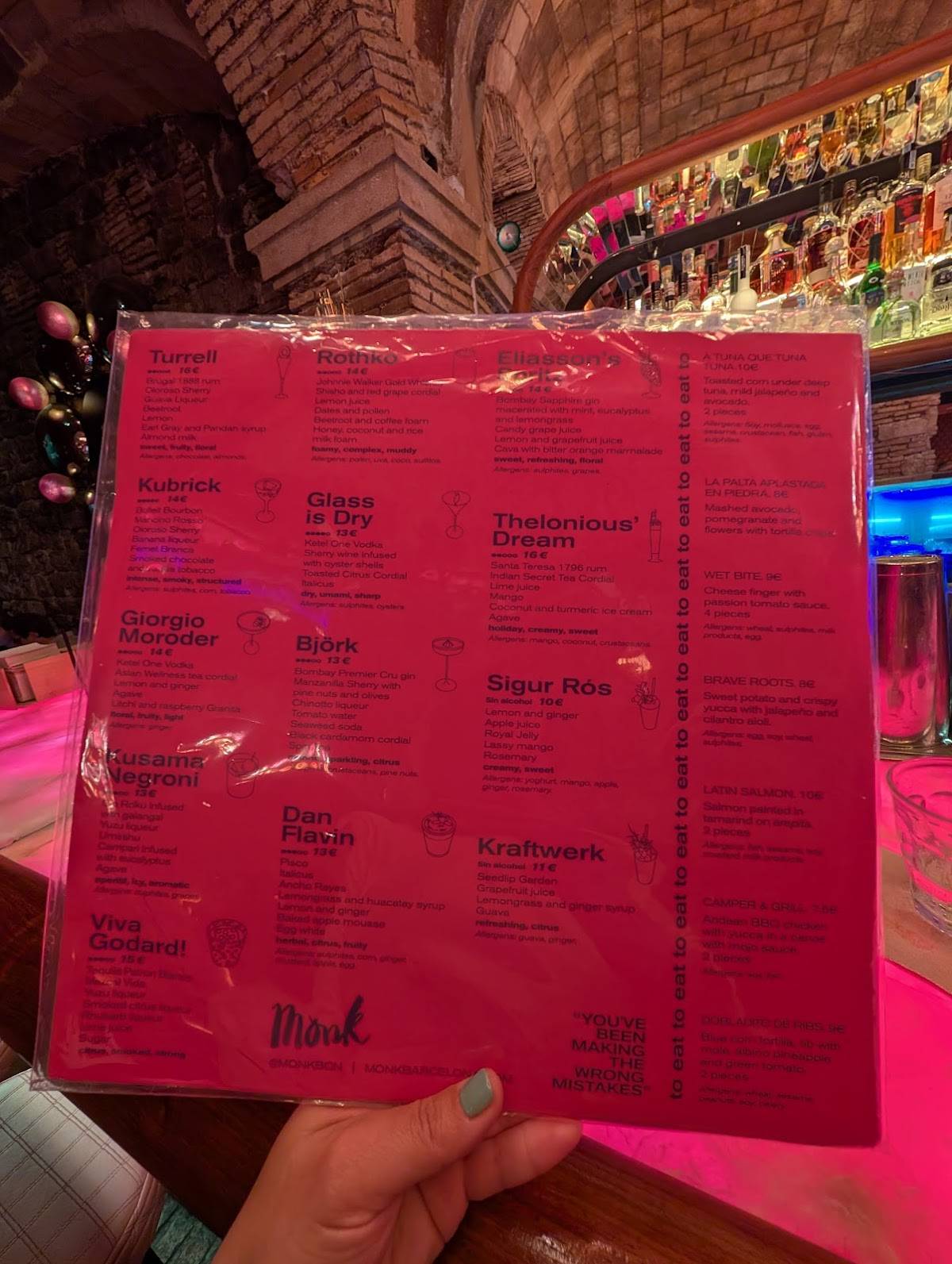 Menu at Monk Barcelona, Barcelona