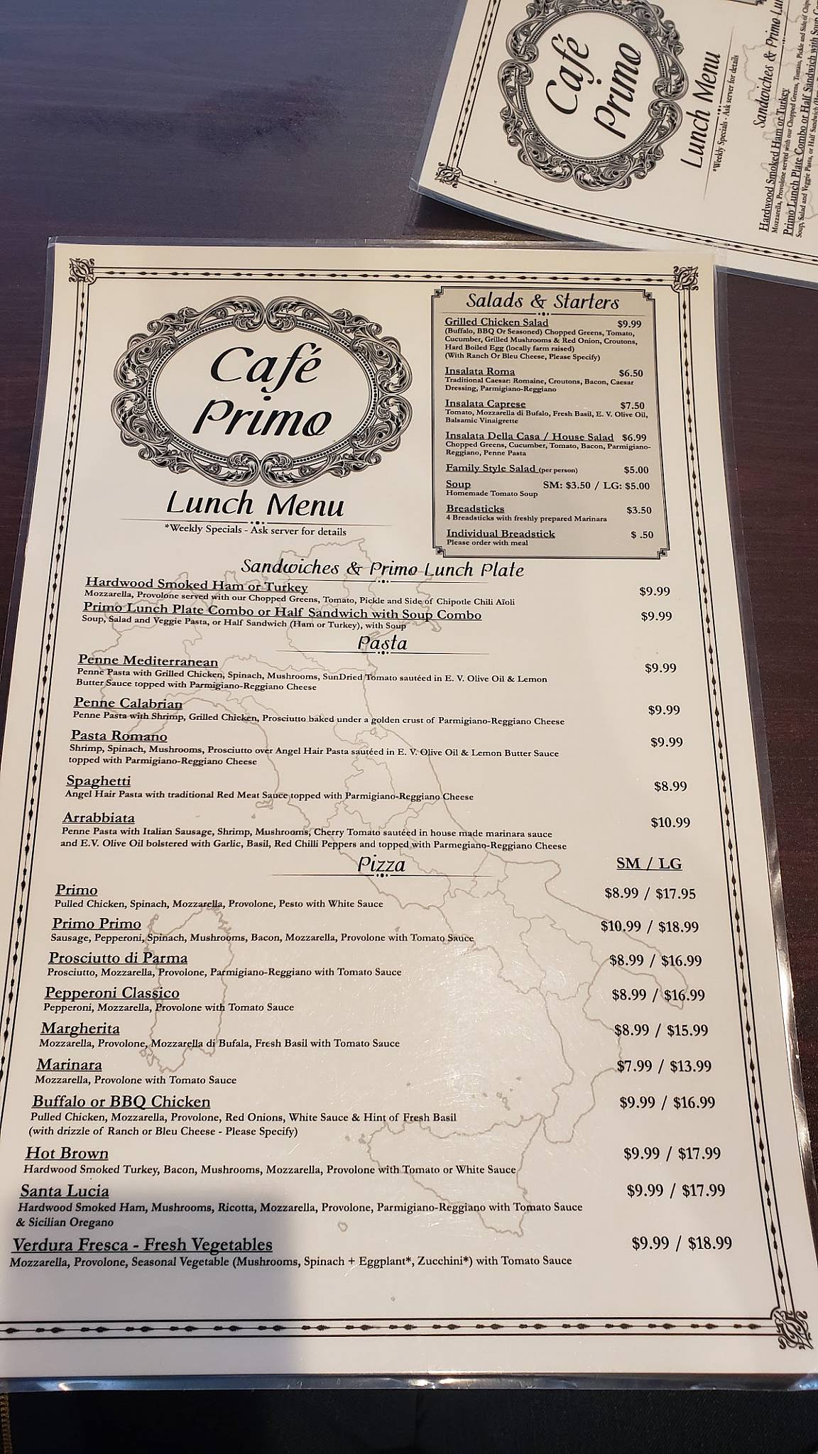 Menu at Cafe Primo, Bardstown
