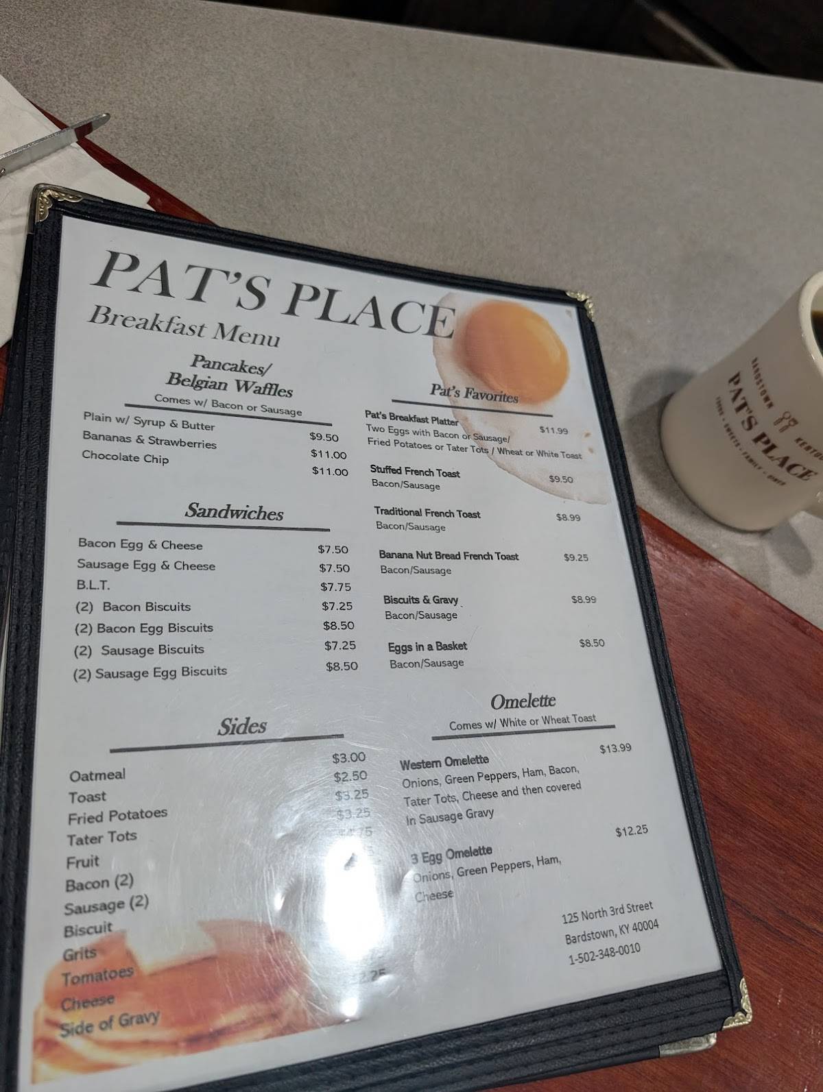 Menu at Pat's Place restaurant, Bardstown