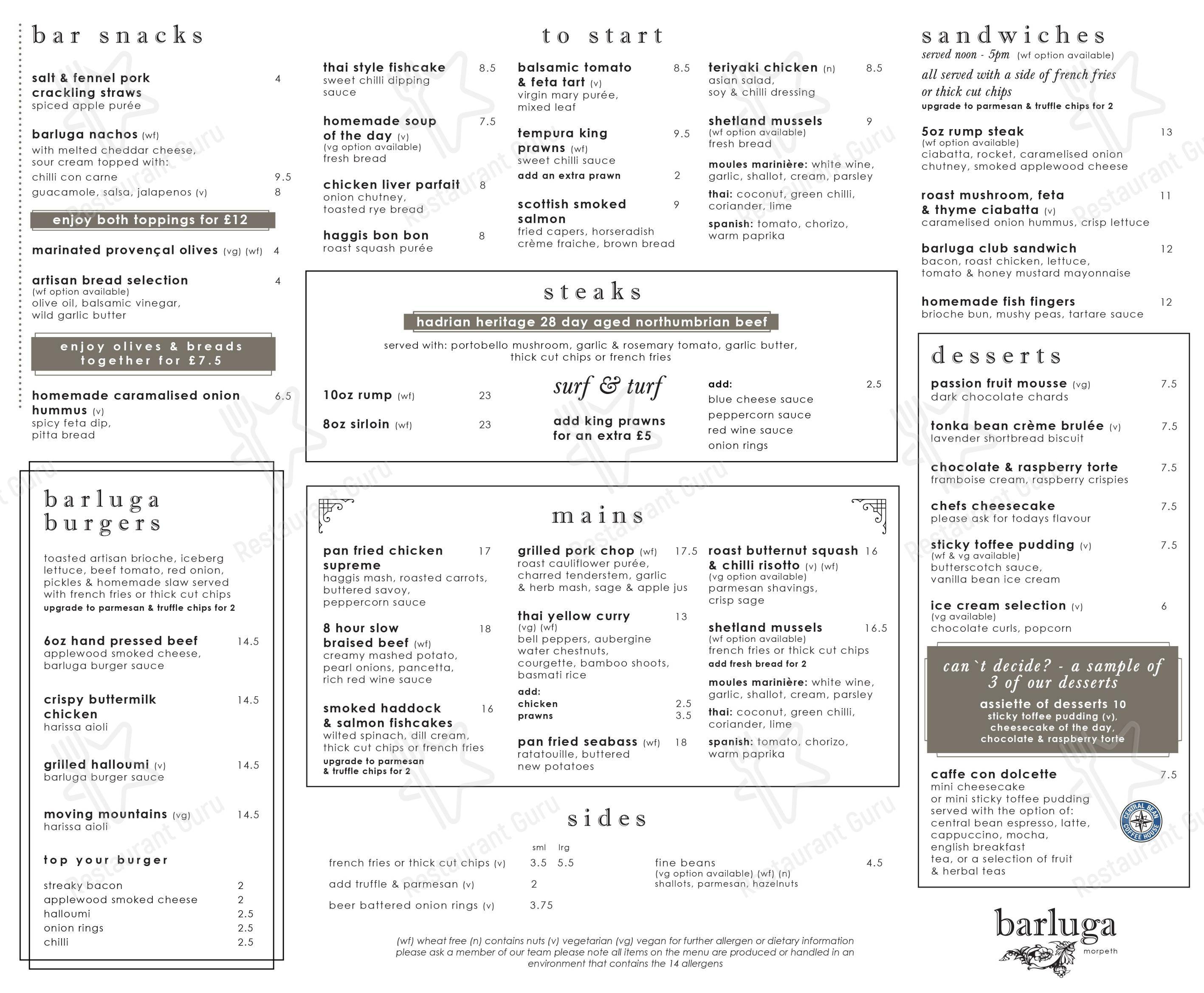 Menu at Barluga, Newcastle upon Tyne, 35 Grey St
