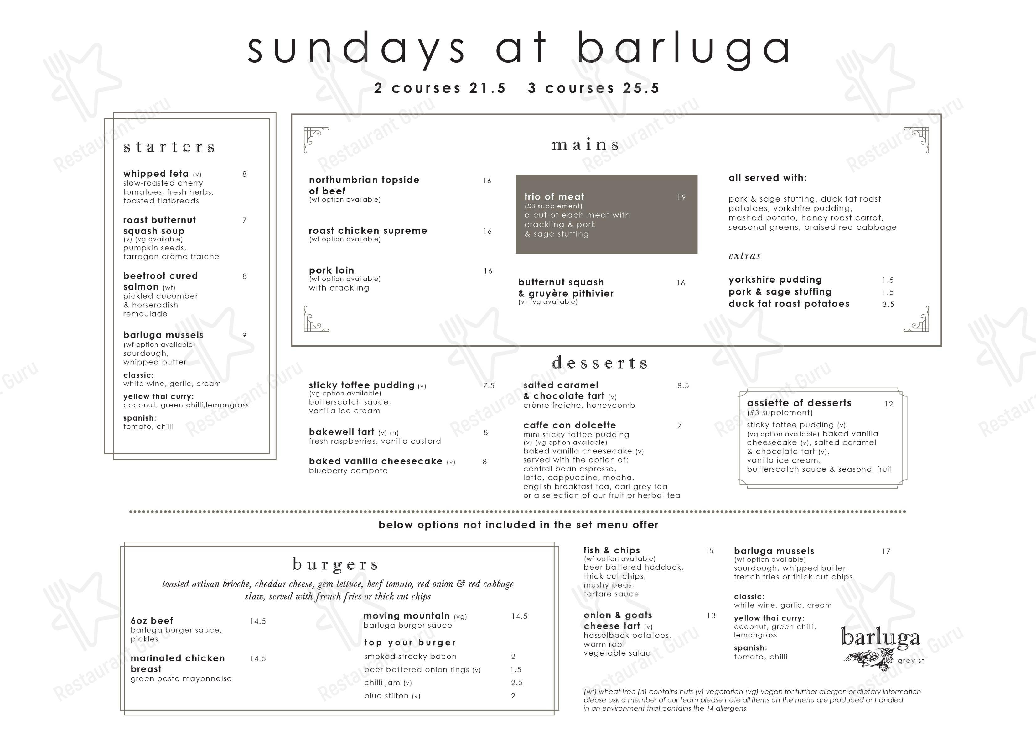 Menu at Barluga, Newcastle upon Tyne, 35 Grey St