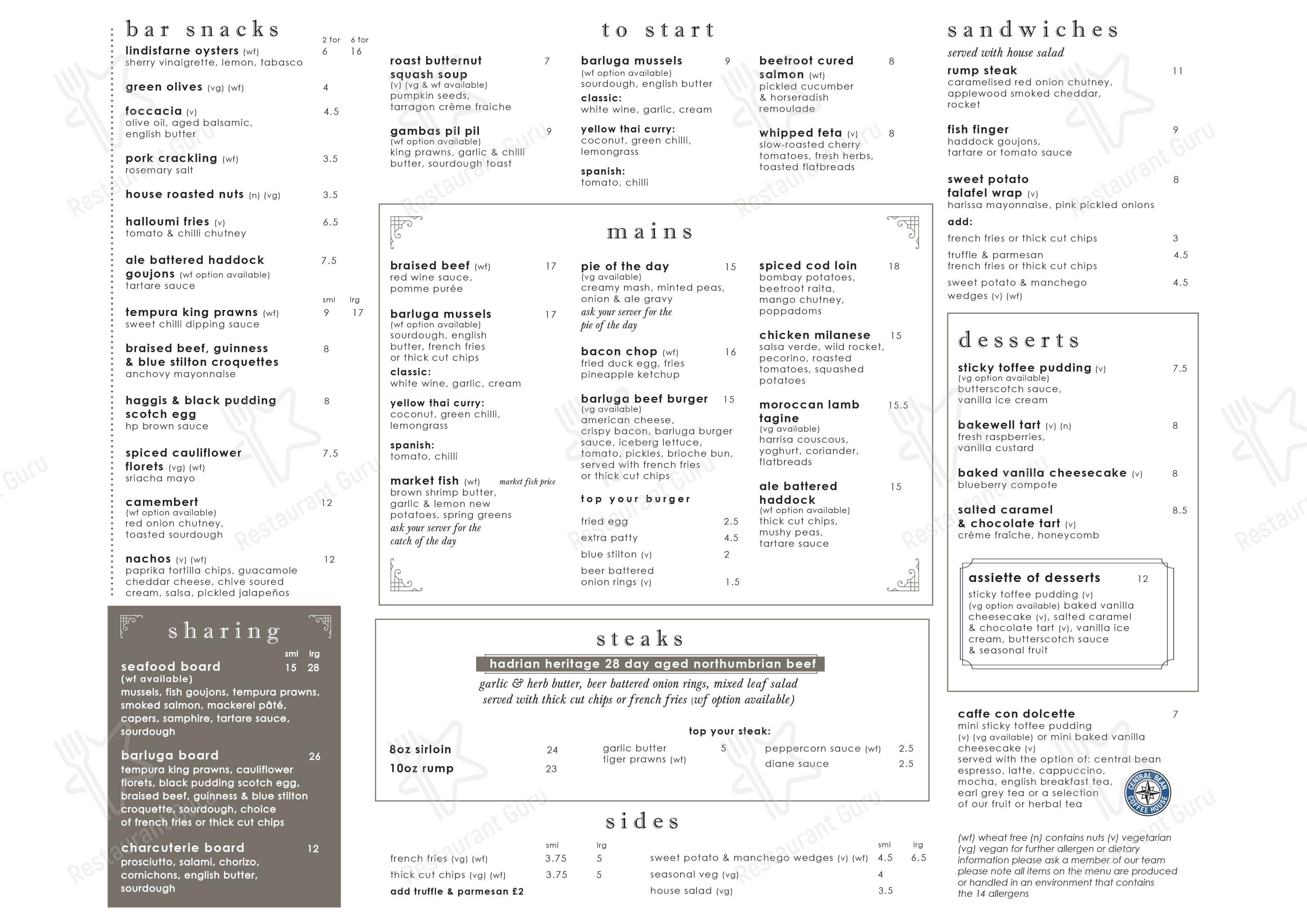 Menu at Barluga, Newcastle upon Tyne, 35 Grey St