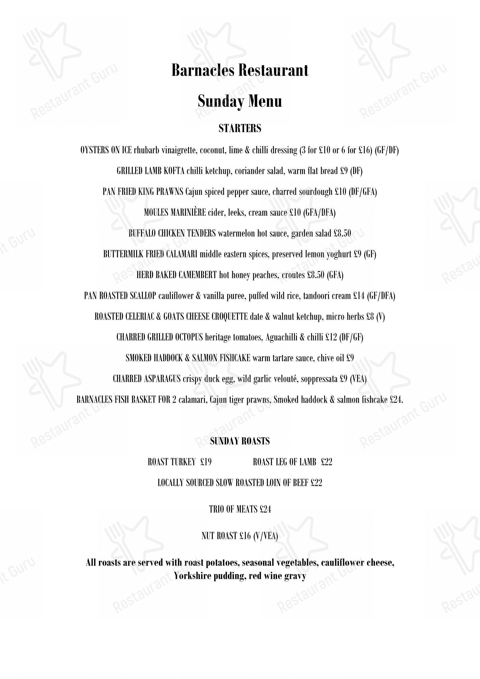 Menu at Barnacles Restaurant & Bar Bistro, Hinckley