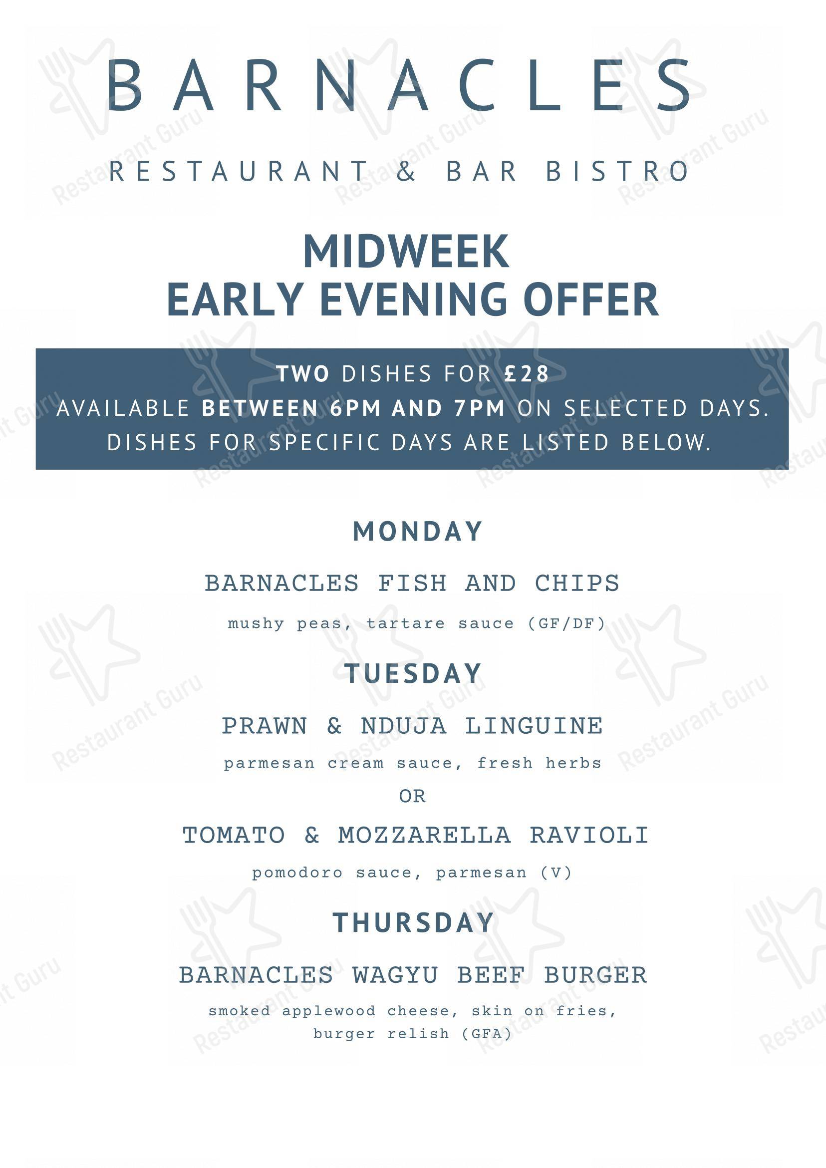 Menu at Barnacles Restaurant & Bar Bistro, Hinckley