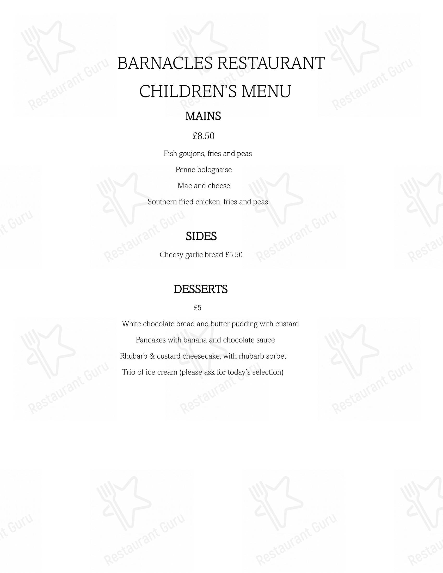Menu at Barnacles Restaurant & Bar Bistro, Hinckley