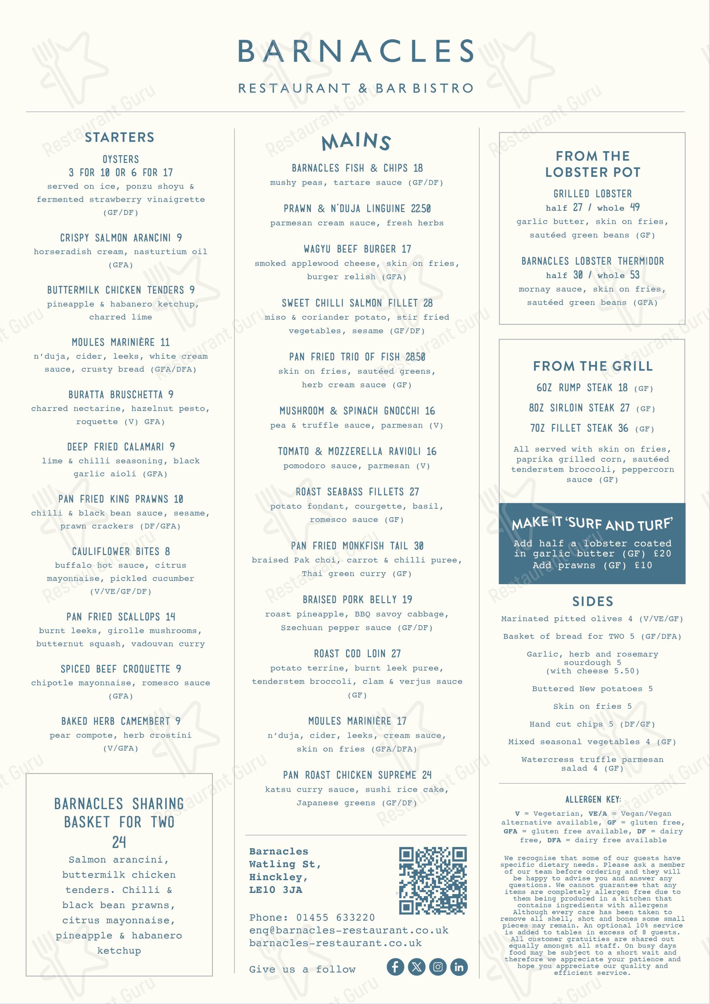 Menu at Barnacles Restaurant & Bar Bistro, Hinckley