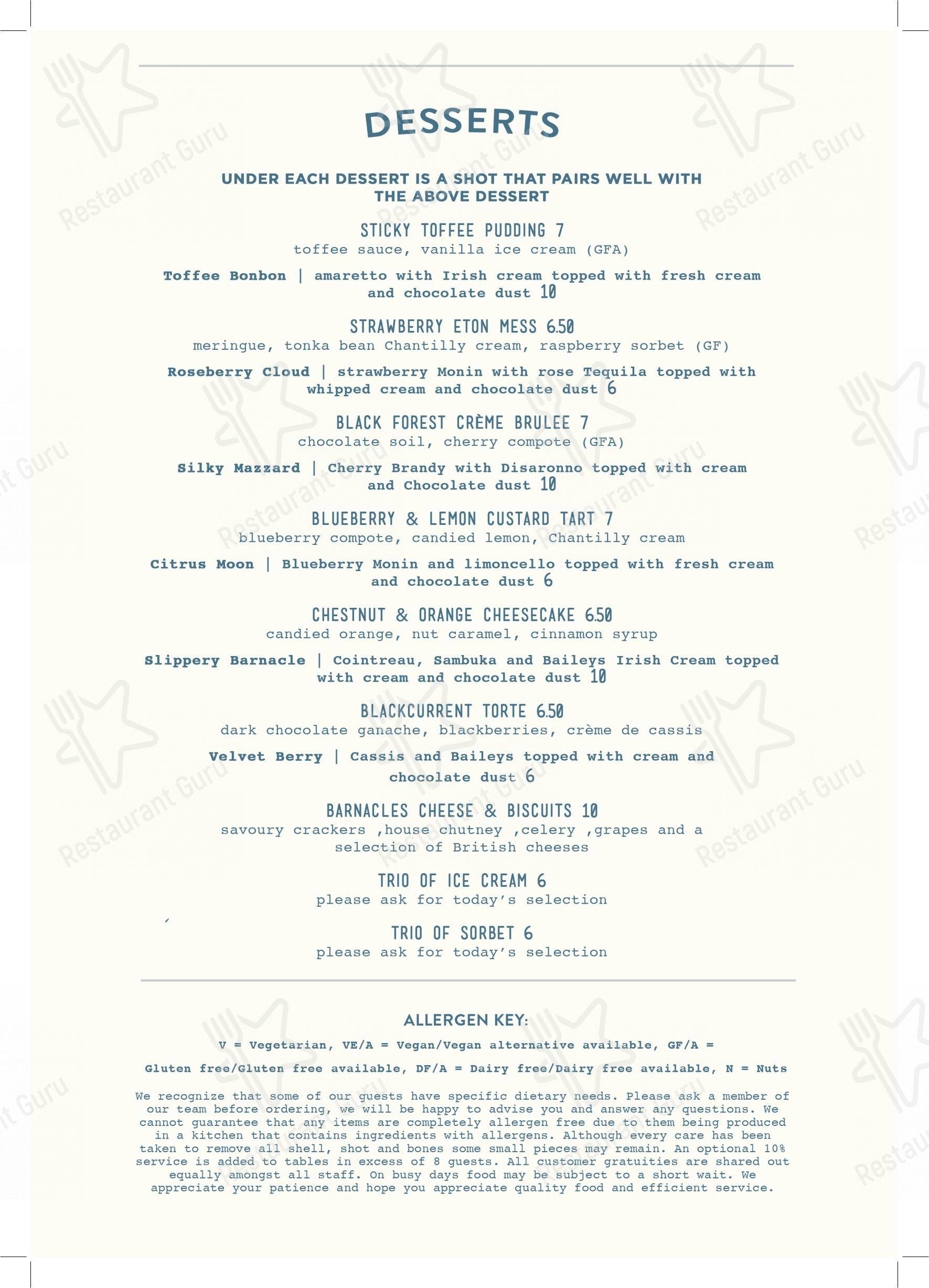 Menu at Barnacles Restaurant & Bar Bistro, Hinckley