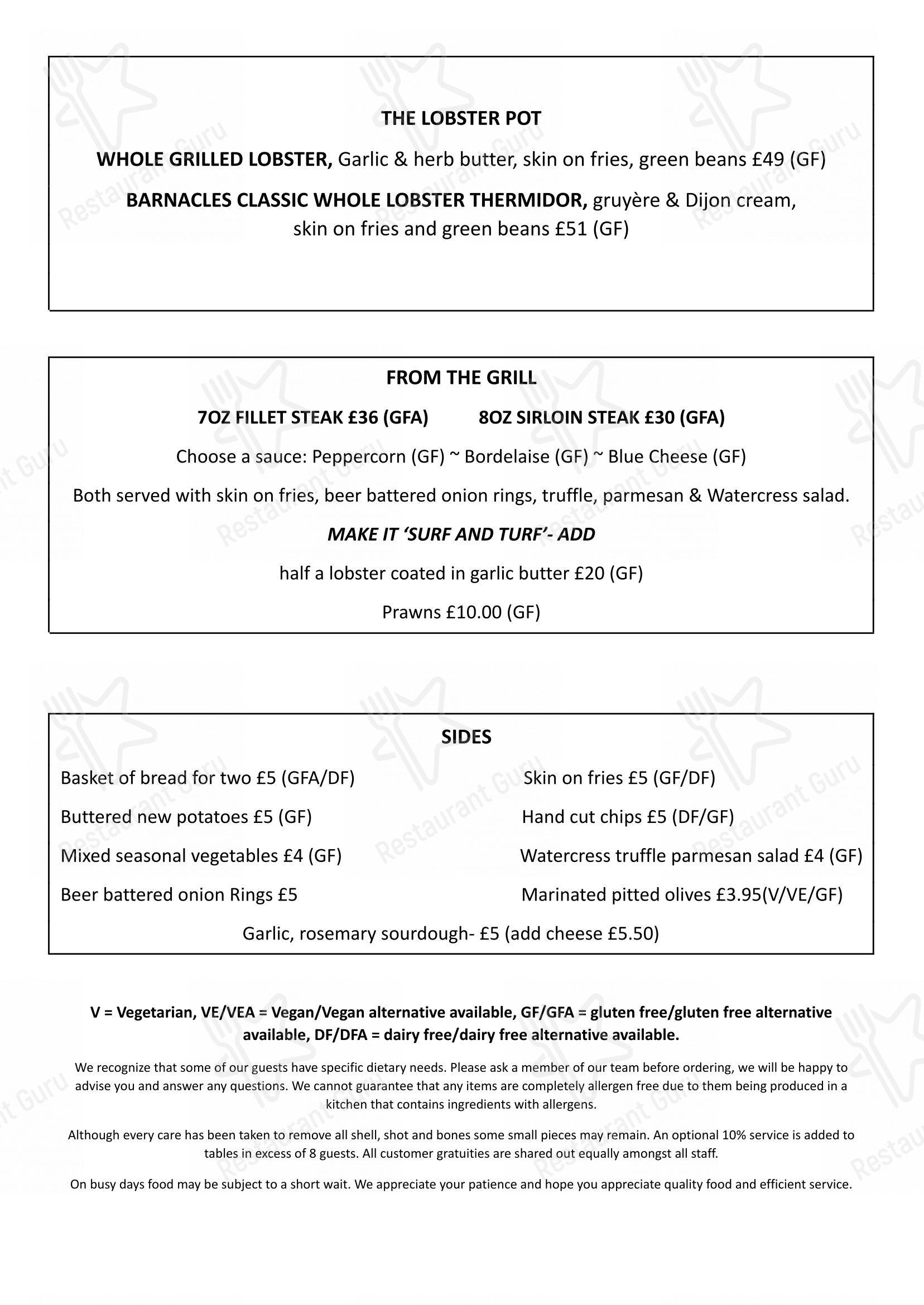 Menu at Barnacles Restaurant & Bar Bistro, Hinckley
