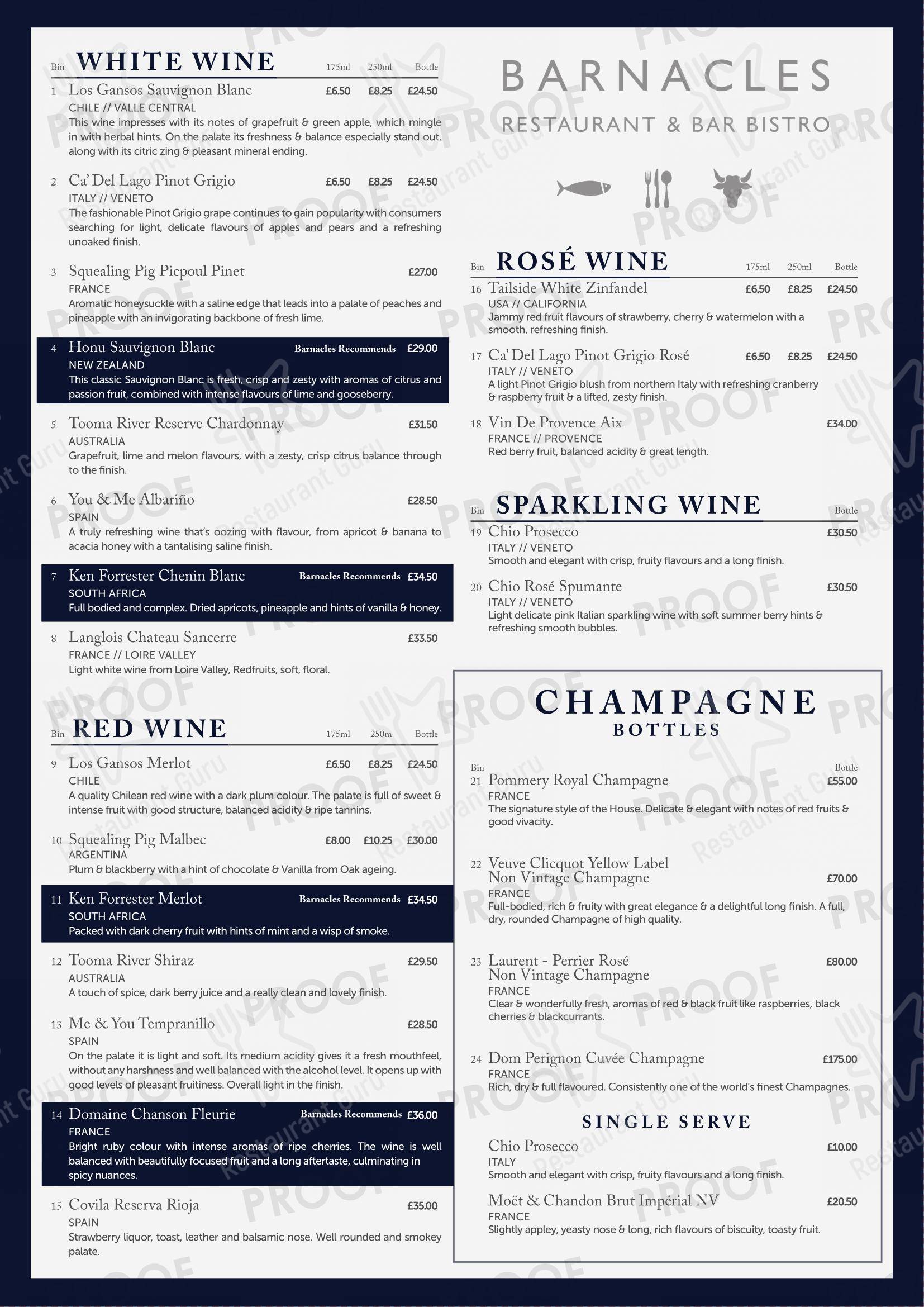 Menu at Barnacles Restaurant & Bar Bistro, Hinckley
