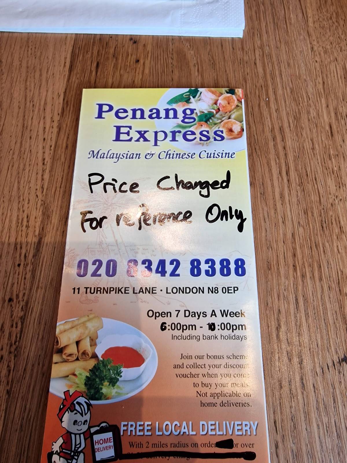 Menu at Penang Satay House restaurant, London