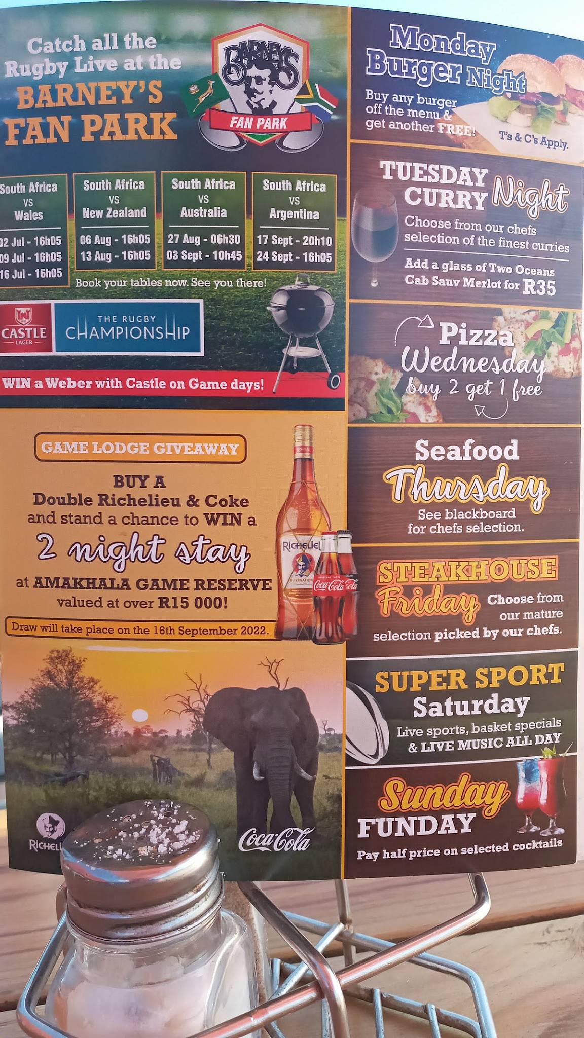 Menu at Barney's Tavern, Port Elizabeth