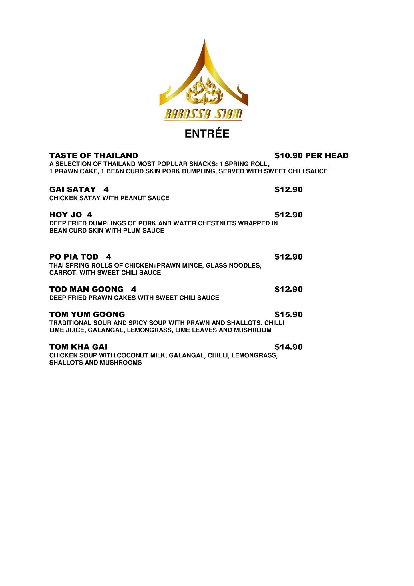 Menu at Barossa Siam, Angaston
