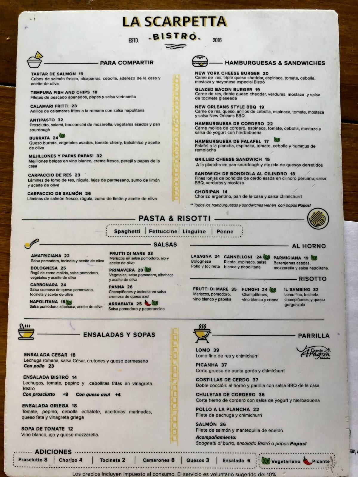 Carta del restaurante La Scarpetta, Barranquilla