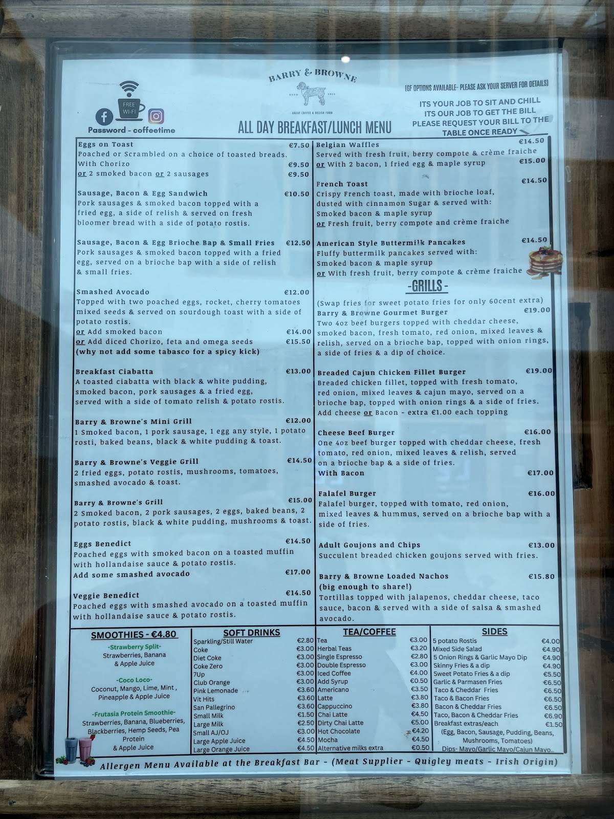 Menu at Barry and Browne, Carrickmines, Unit 1