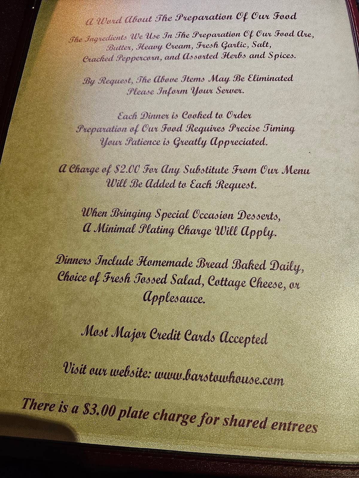 Menu at Barstow House, Nichols, 35 River St