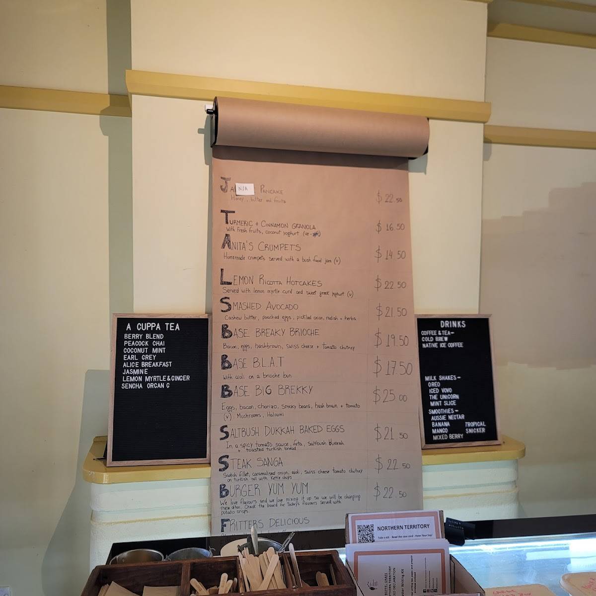 Menu at Base Cafe 0870, Alice Springs