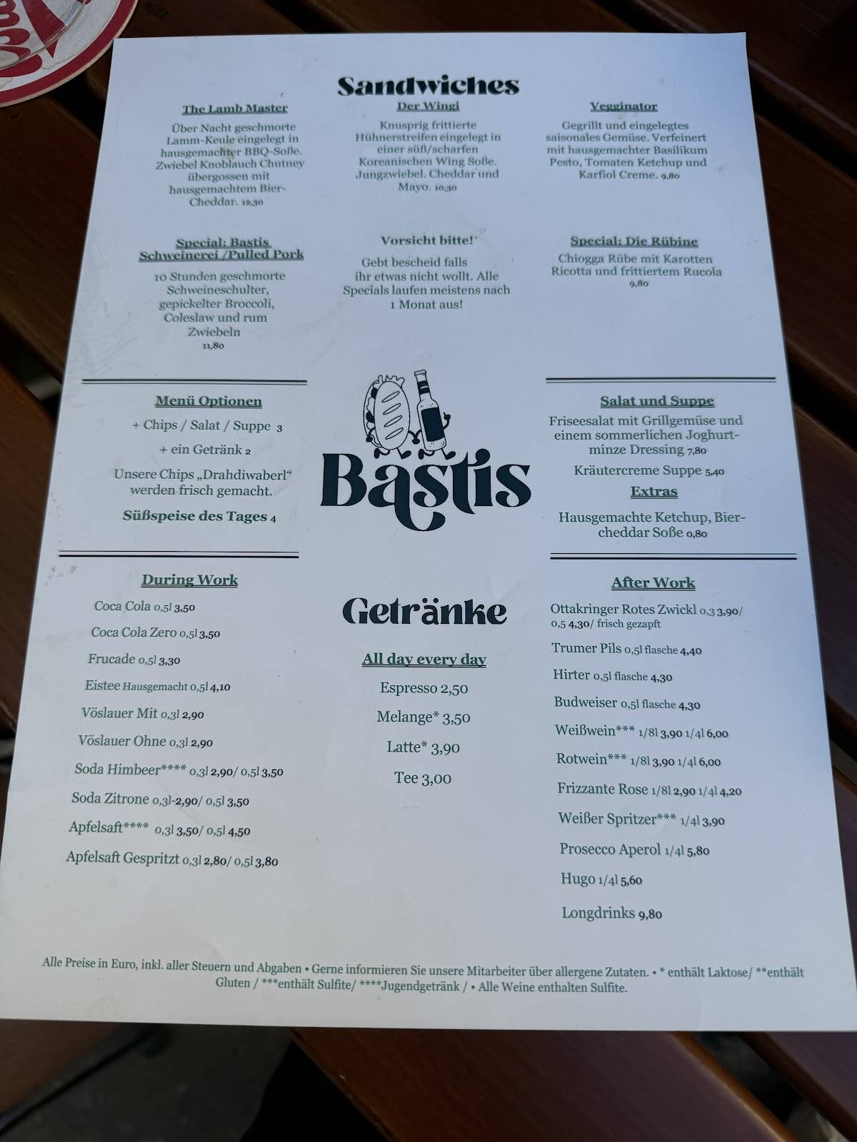 Speisekarte von Bastis Sandwich Bar, Wien