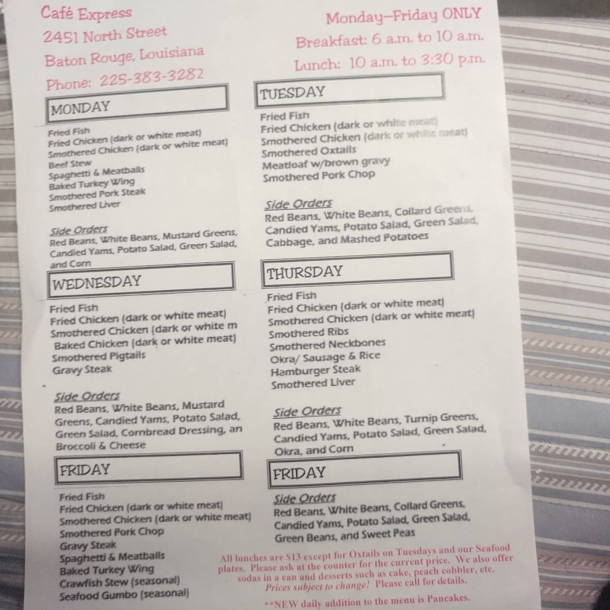 Menu at Cafe Express, Baton Rouge, North St