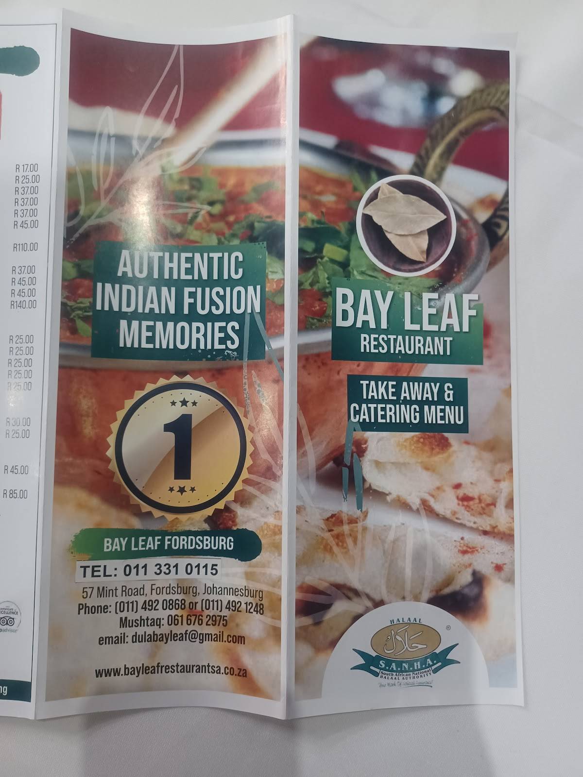 Menu at Bay Leaf Restaurant, Johannesburg