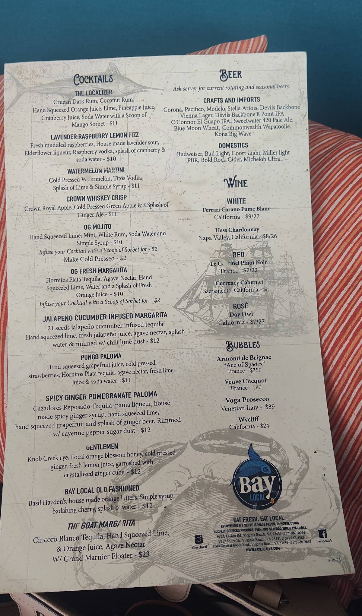 Menu at Bay Local Eatery restaurant, Virginia Beach, 972 Laskin Rd