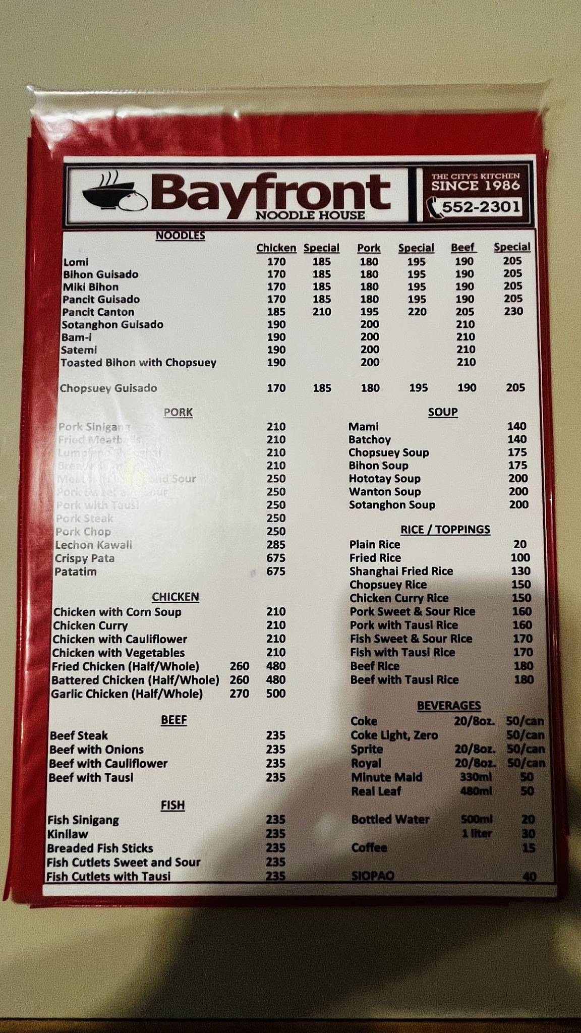 Menu at Bayfront Noodle House restaurant, General Santos City