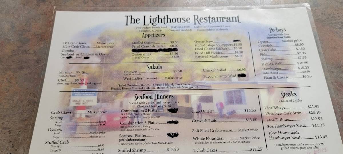 Menu at Lighthouse Restaurant, Bayou La Batre, Padgett Switch Rd