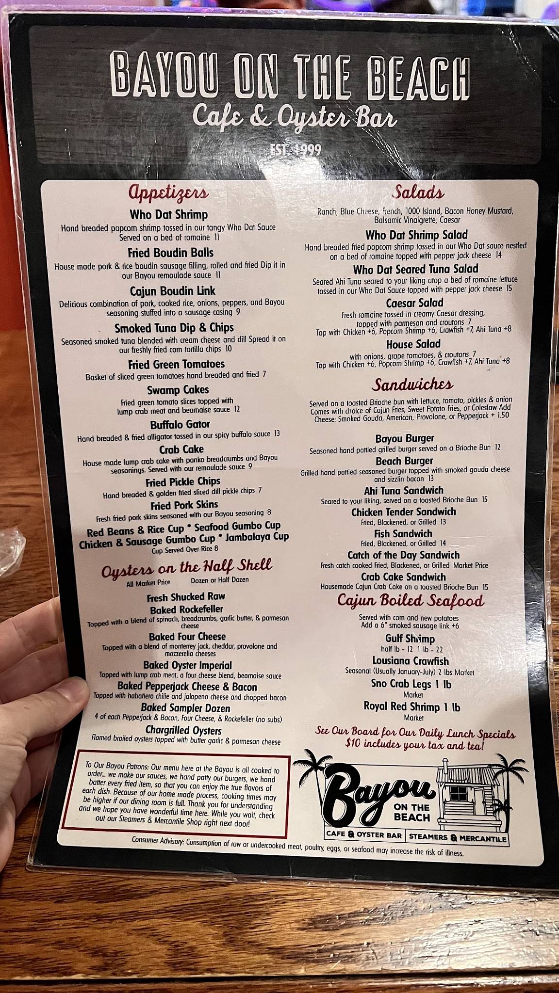 Menu at Bayou on the Beach restaurant, Panama City Beach, Hutchison Blvd