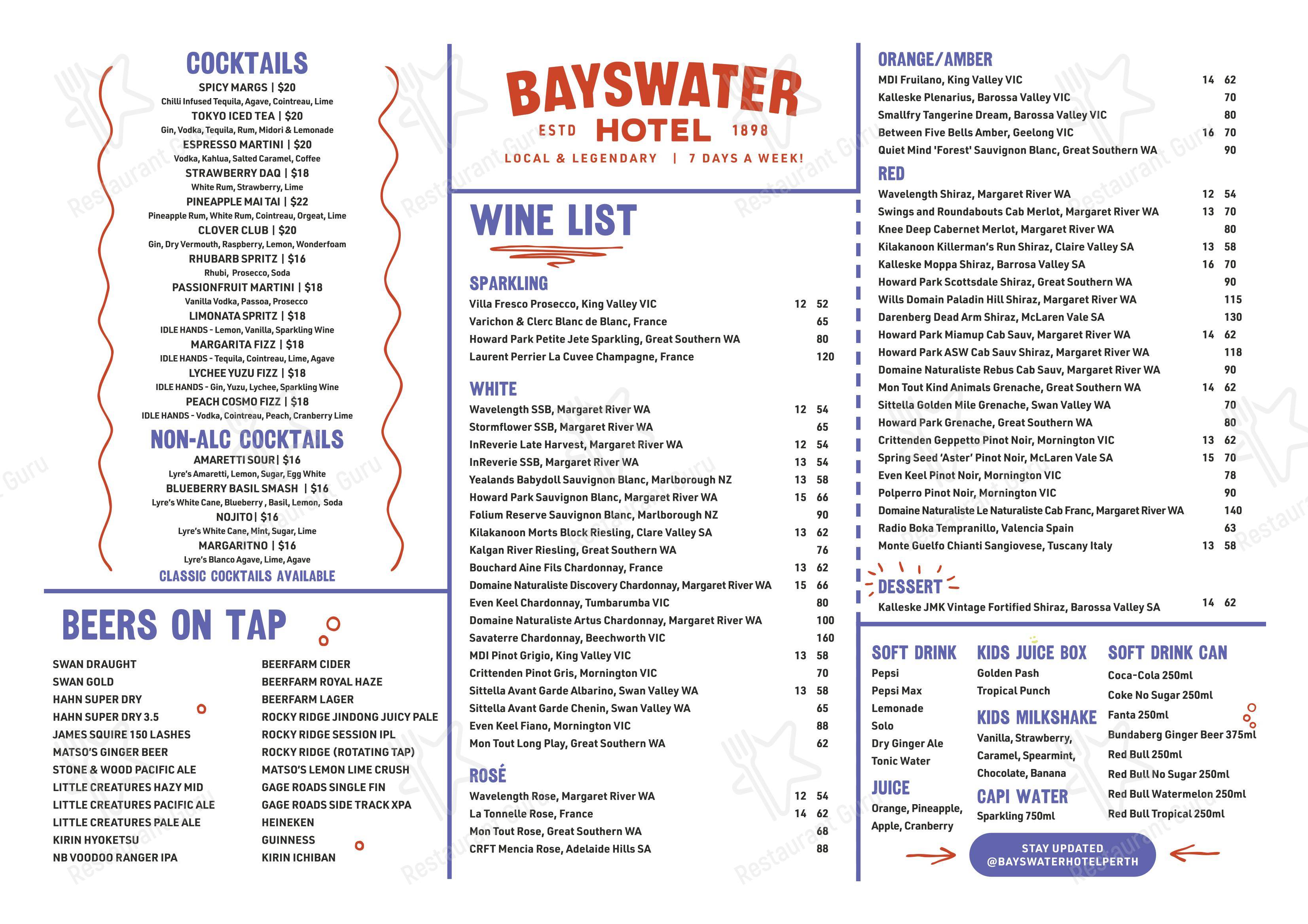 Menu at Bayswater Hotel & Motel pub & bar, Bayswater