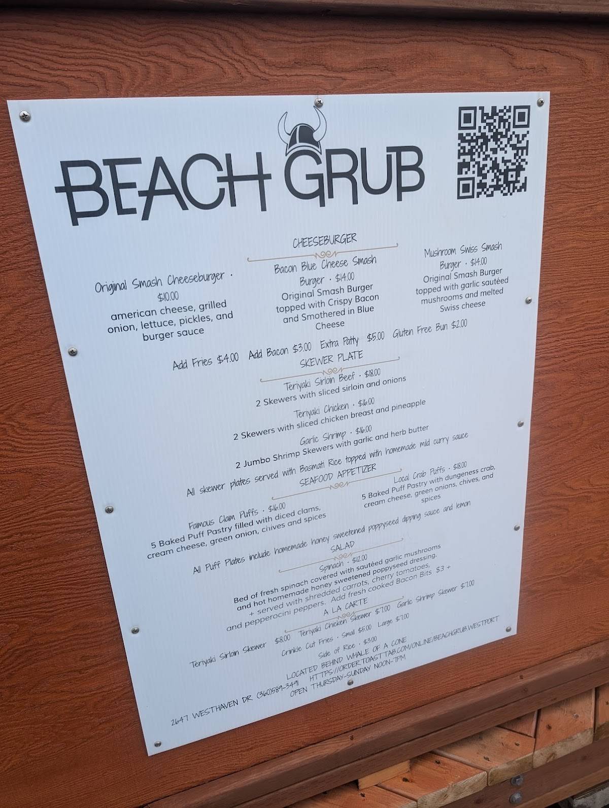 Menu at Beach Grub restaurant, Westport