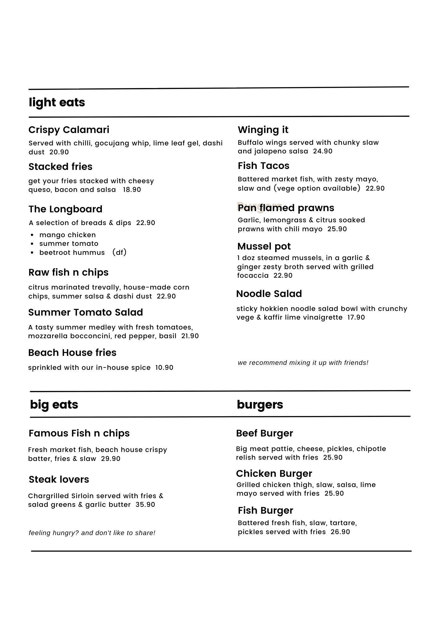 Menu at Beach House Eatery restaurant, Orewa