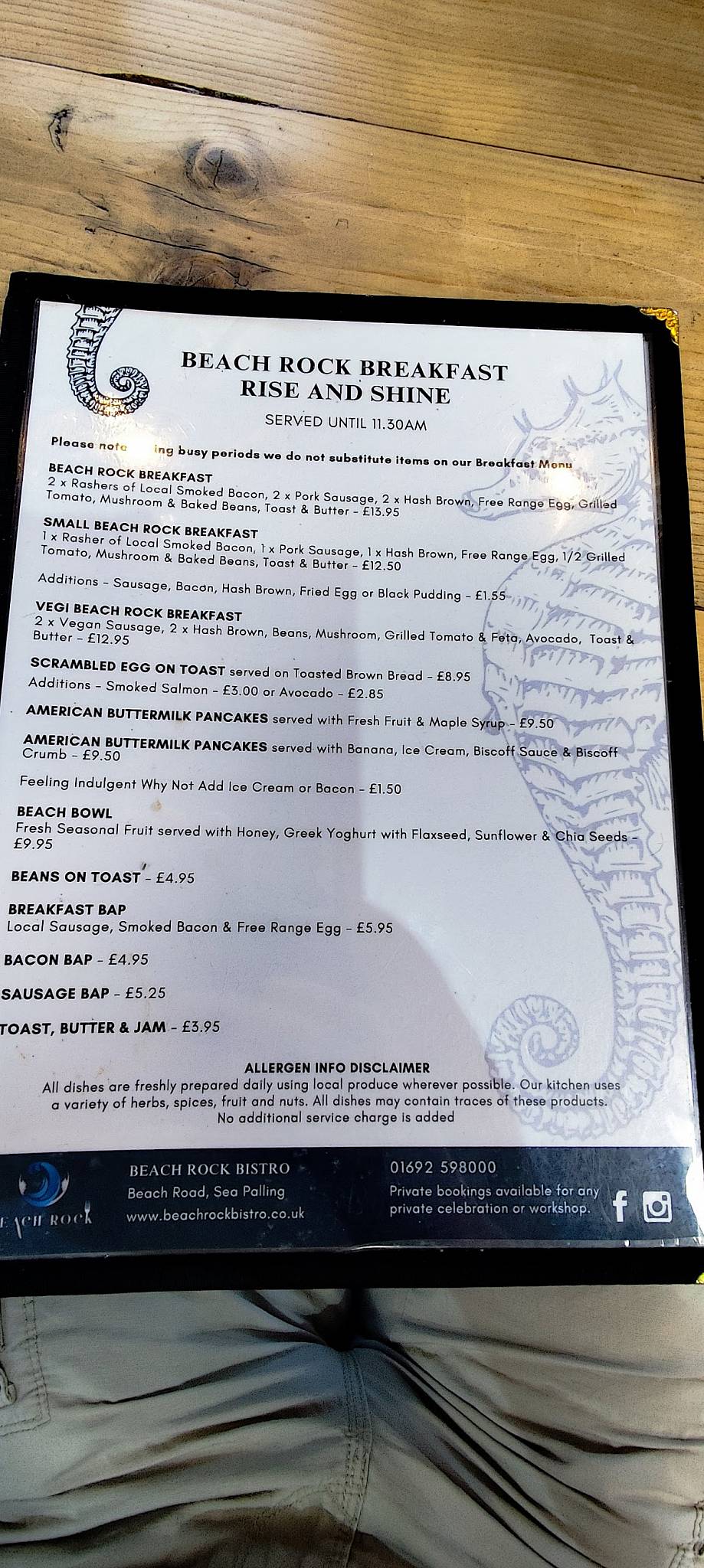 Menu at Beach Rock Bistro cafe, Sea Palling