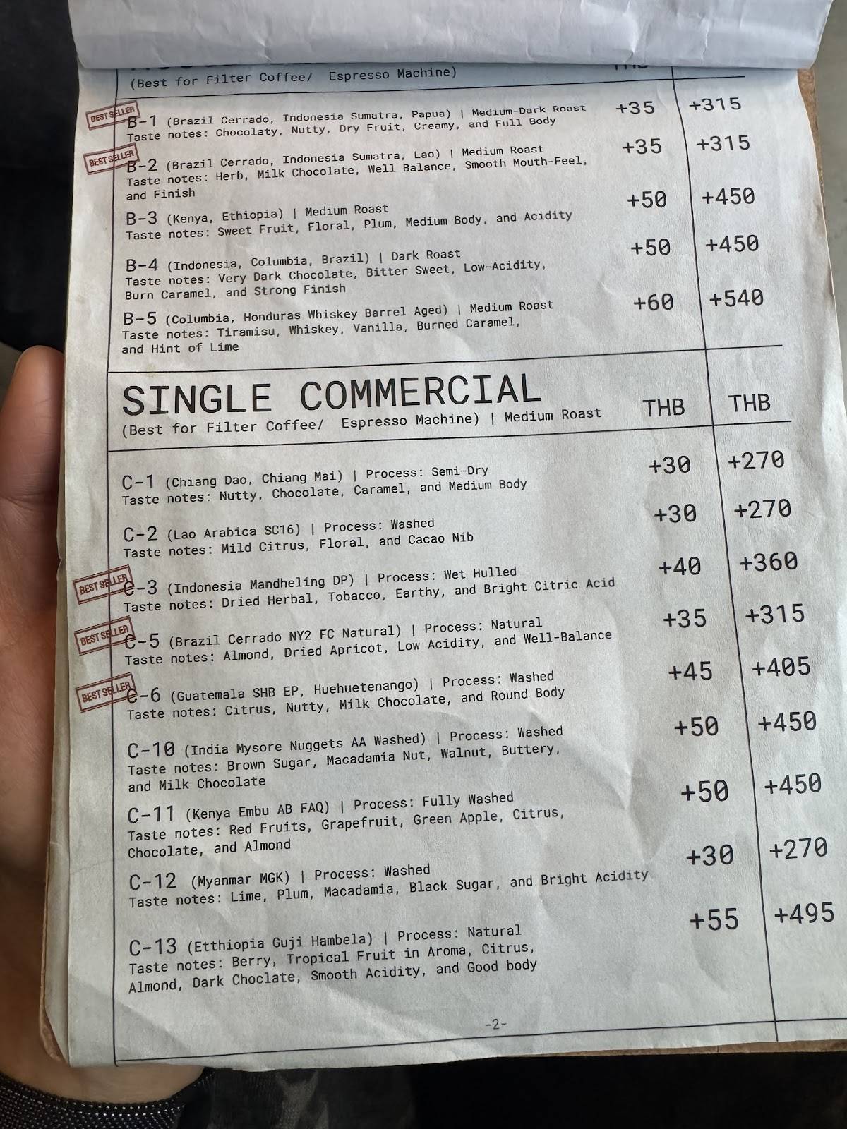 Menu at Beans Coffee Roasters cafe, Bangkok