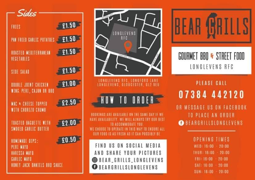 Menu at Bear Grills @ Hucclecote Rugby Club, Gloucester