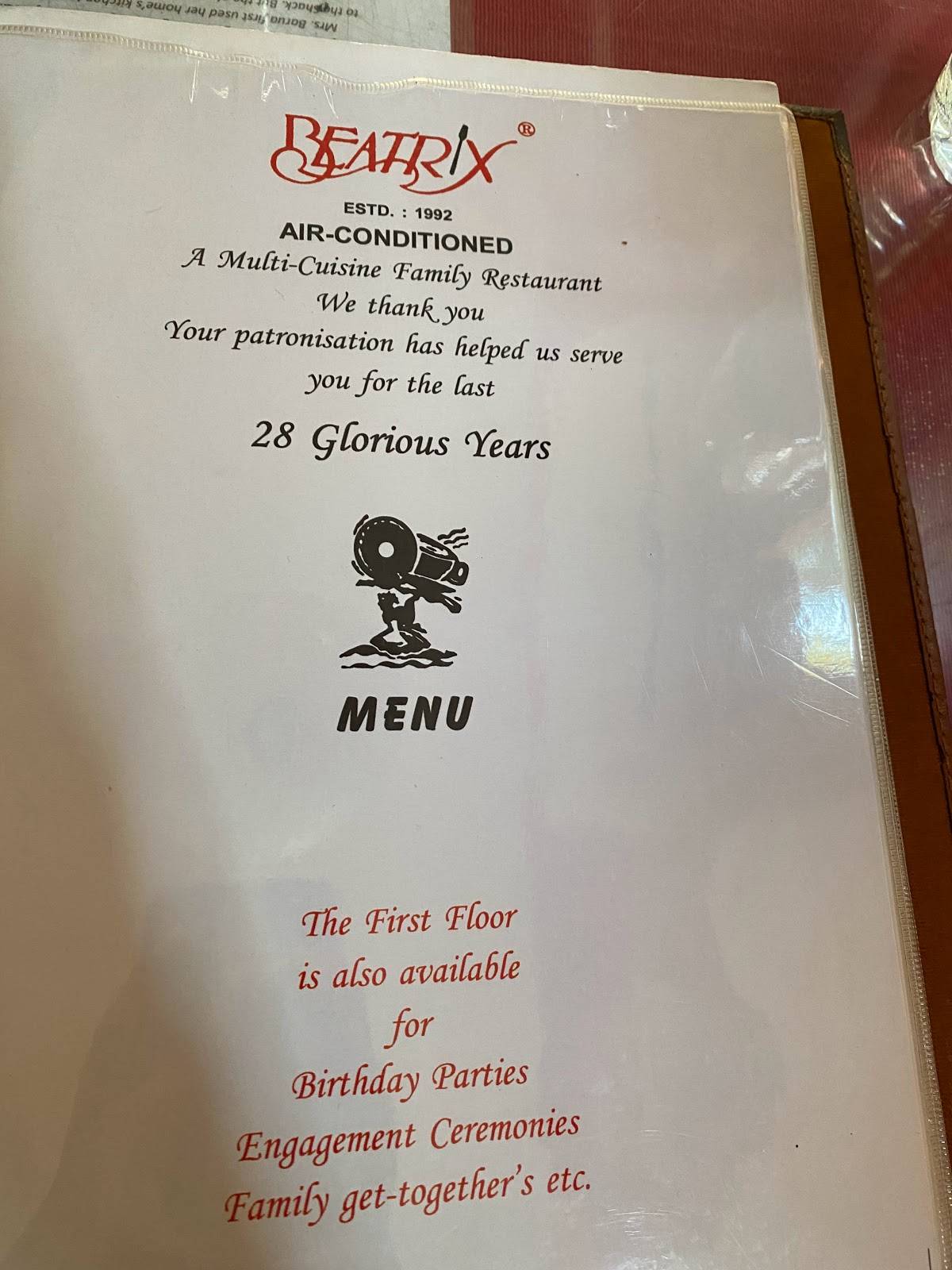 Menu at Beatrix, Guwahati
